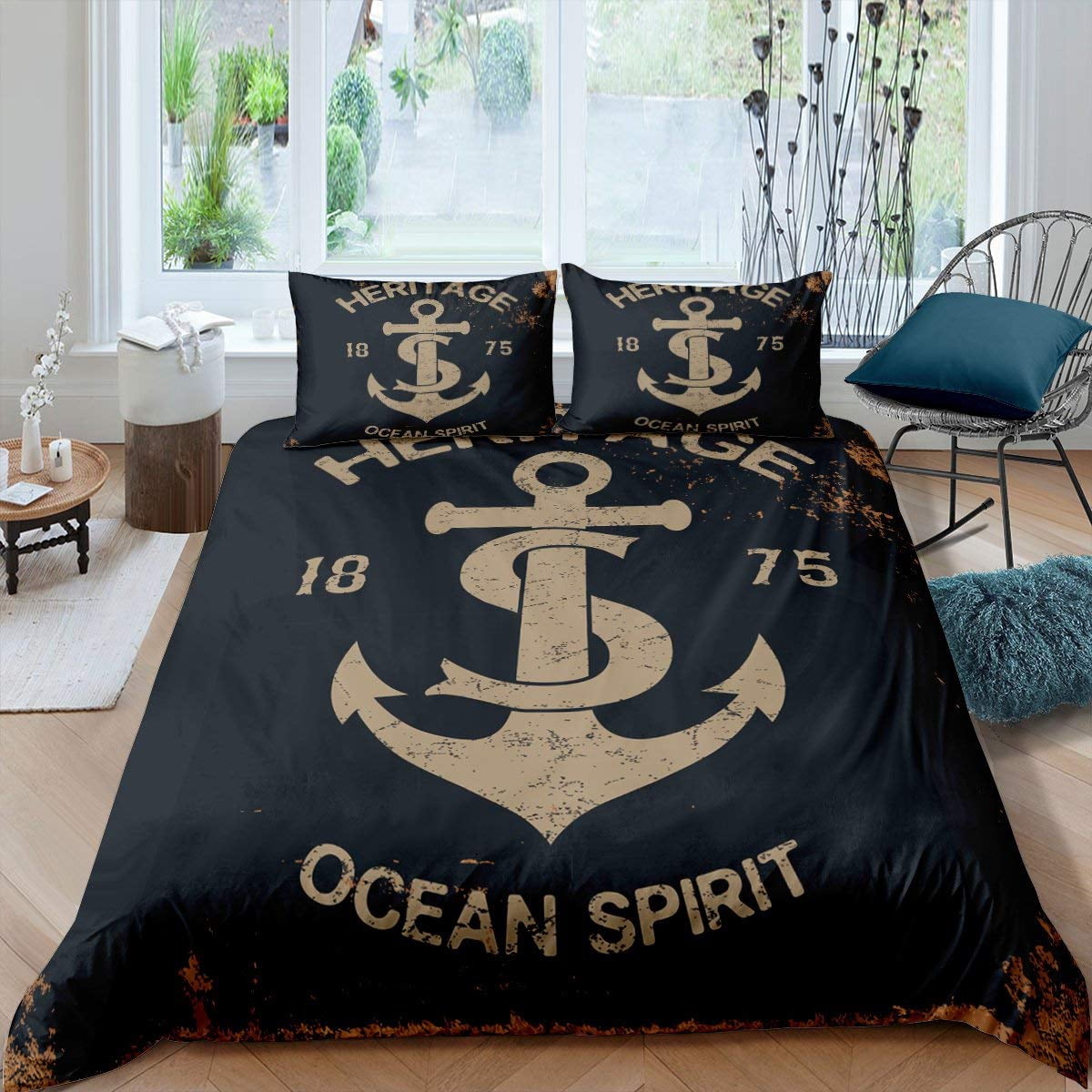 Anchor Nautical Steamboat Bedding Set Ocean Coastal Theme Blue and ...