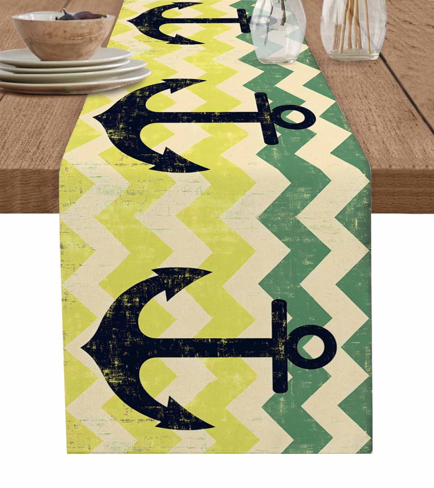 Anchor Nautical Table Runner 70 Inches, Vintage Green Yellow Wave ...