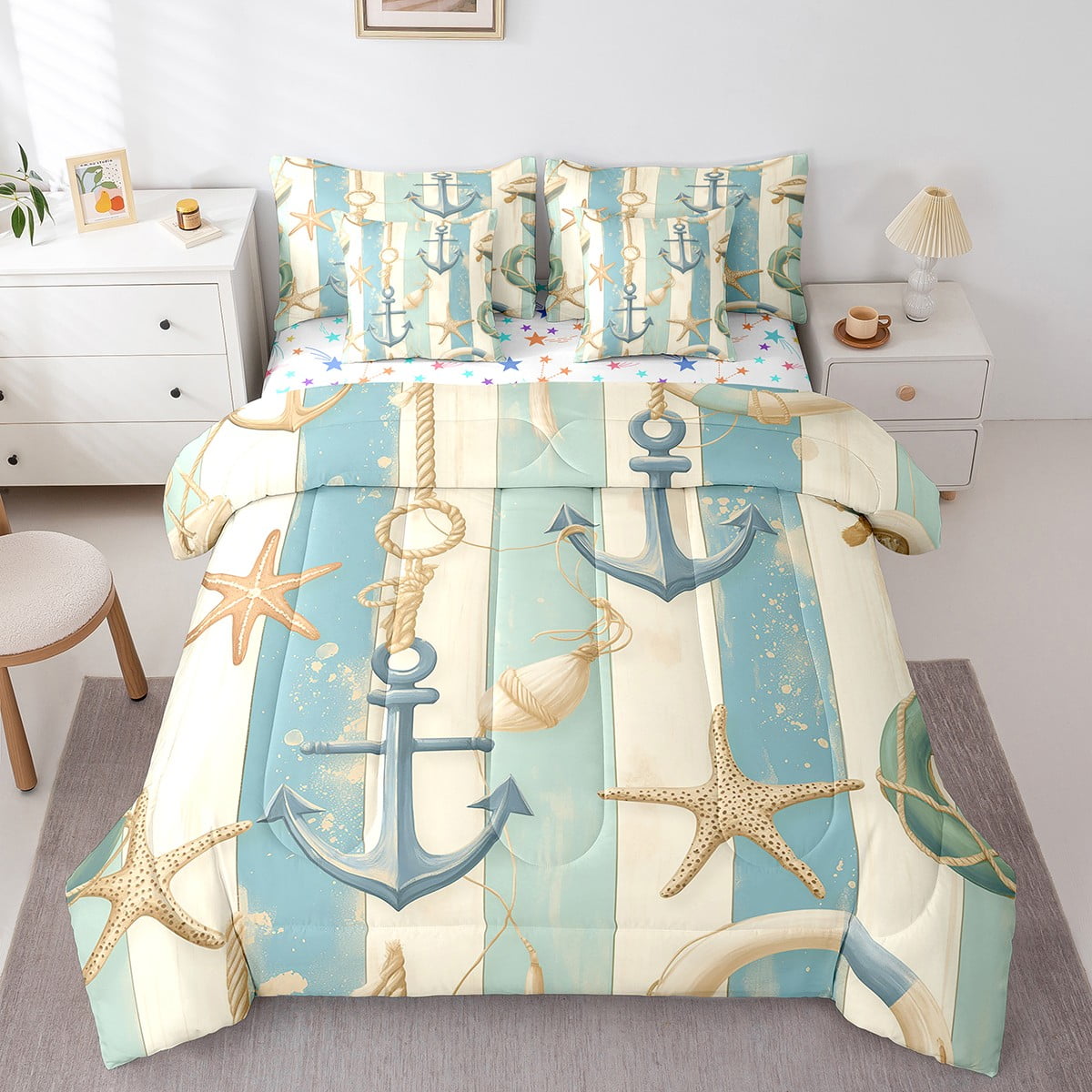 Anchor Nautical queen Bedding Set 7 Piece,Ocean Coastal Beach Bed In A Bag,Teal Blue Sea Marine ...