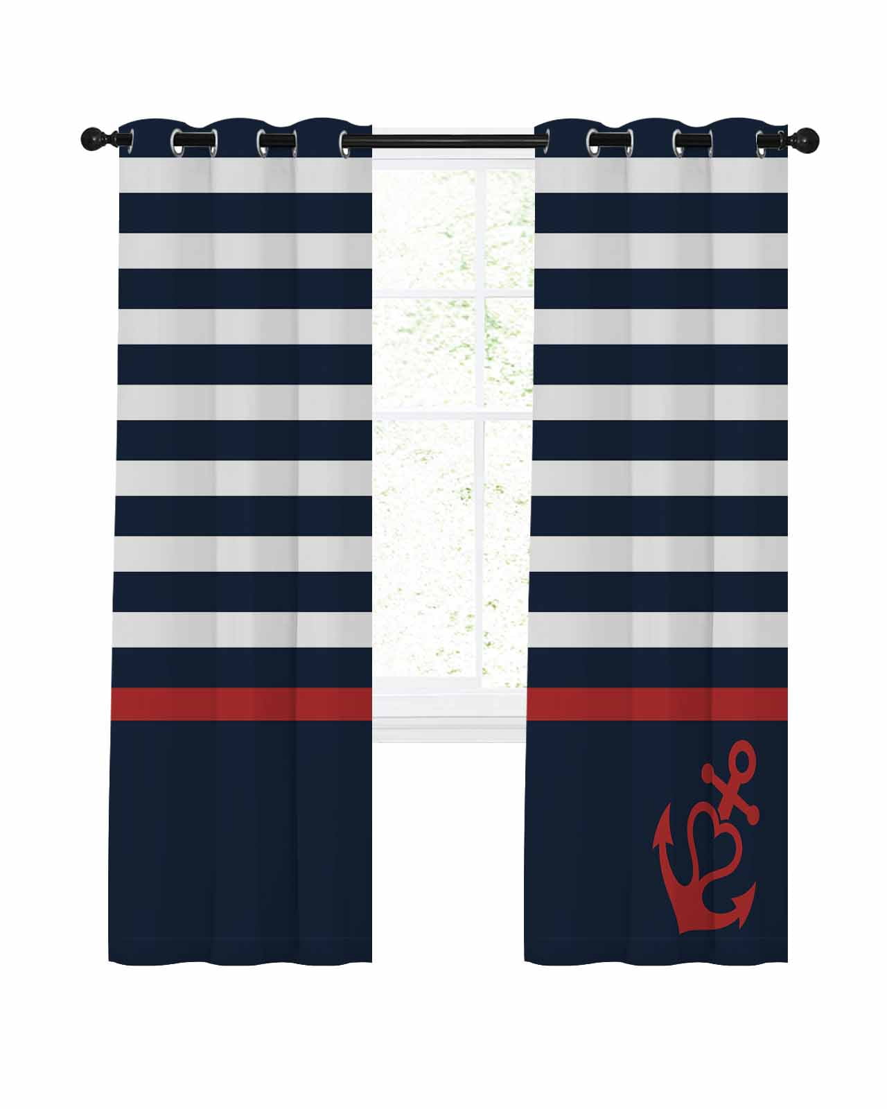 Anchor Navy Blue Blackout Curtains, Light Blocking Print Window ...