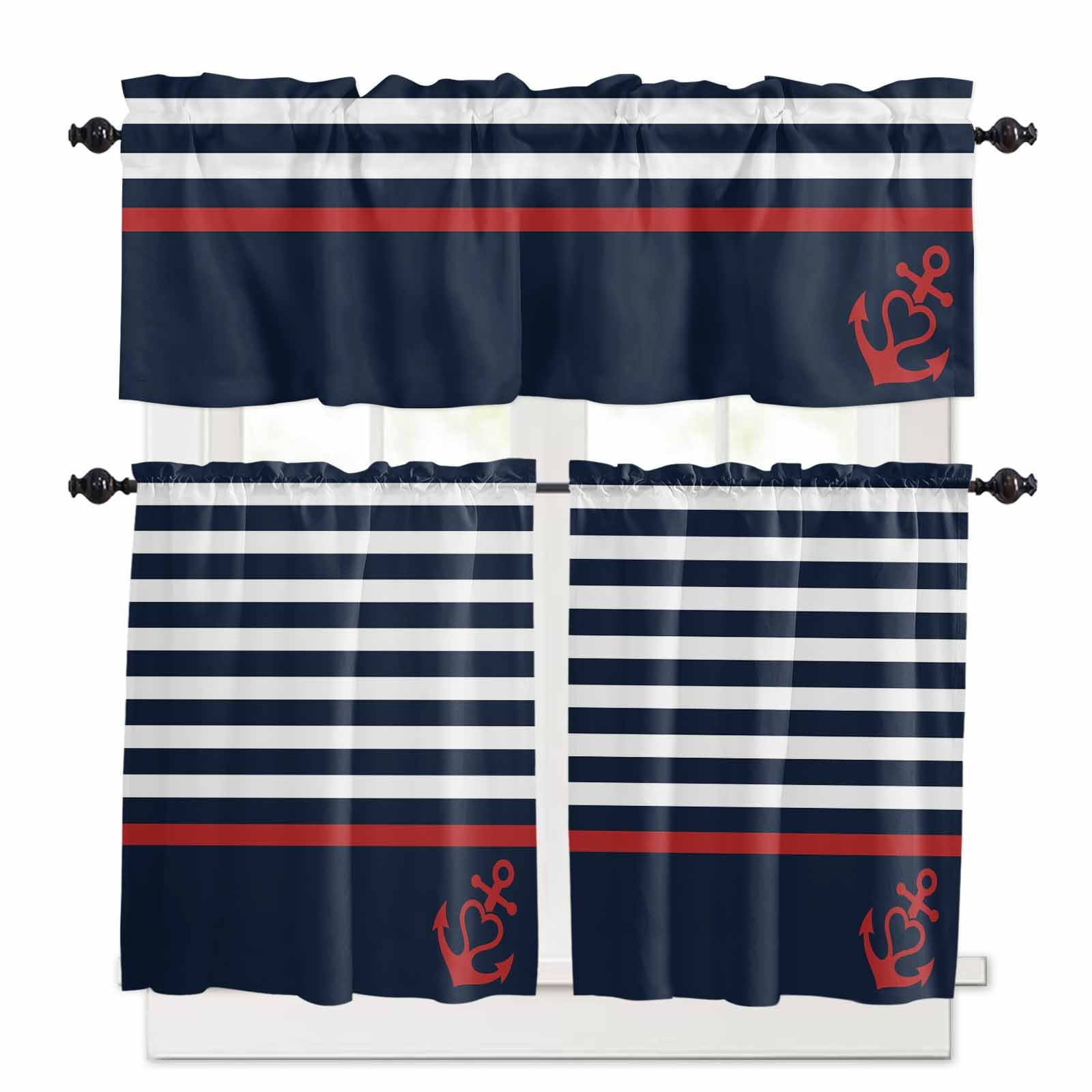 Anchor Navy Blue Kitchen Curtains Set for Windows 3 Pieces,36 Inch ...