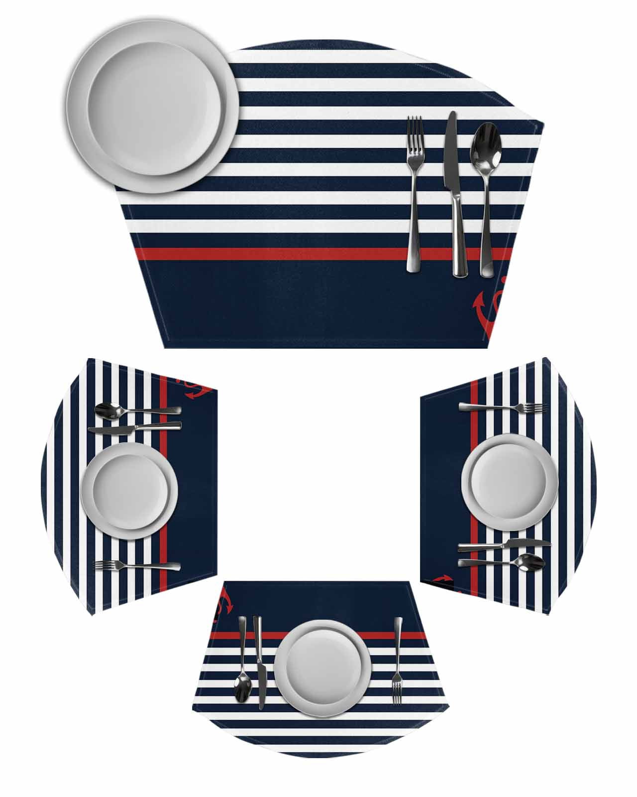 Anchor Navy Blue Round Placemats Set of 4, Red Nautical White Geometric ...
