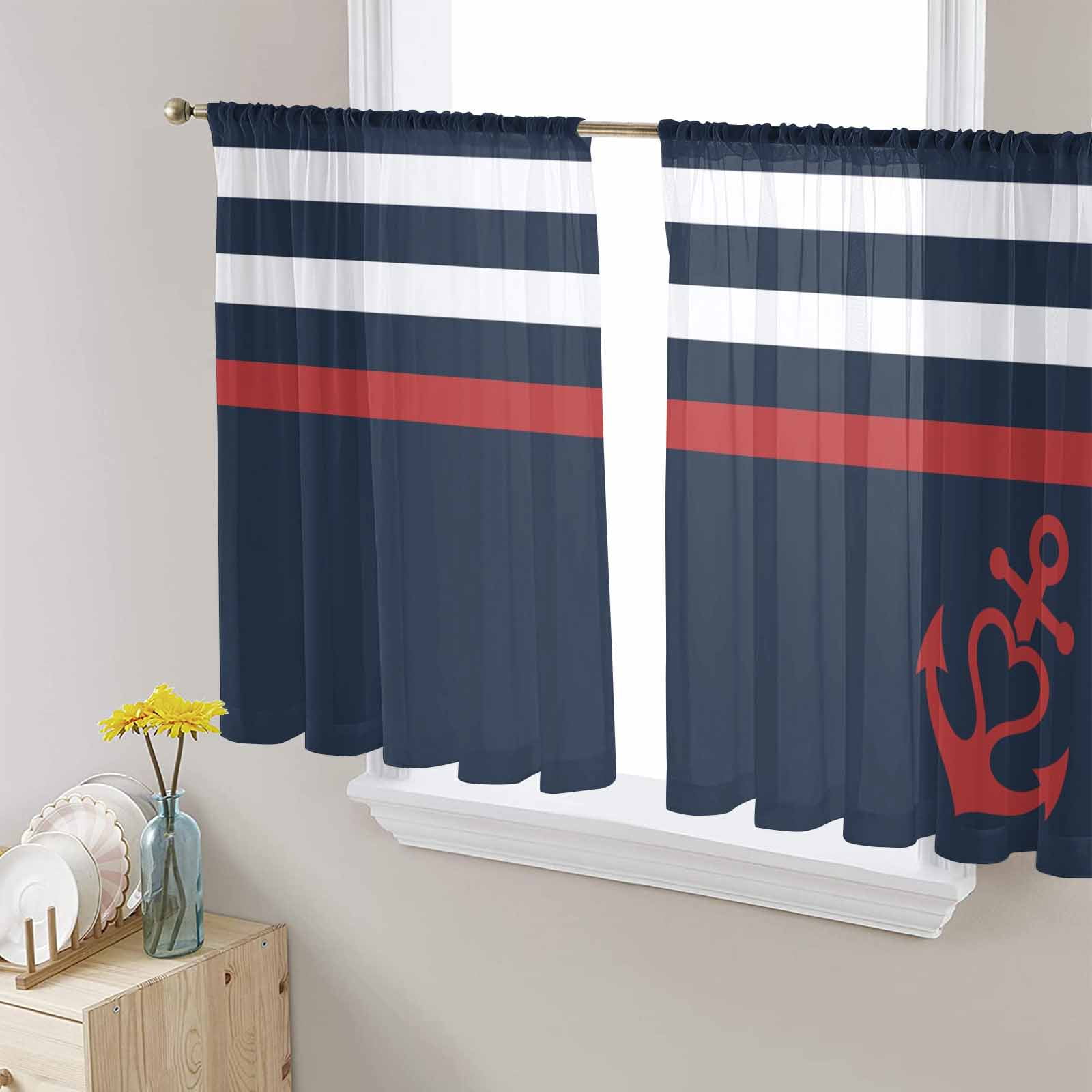 Anchor Navy Blue Semi Sheer Curtains 45 Inch Length 2 Panels Set, Red ...