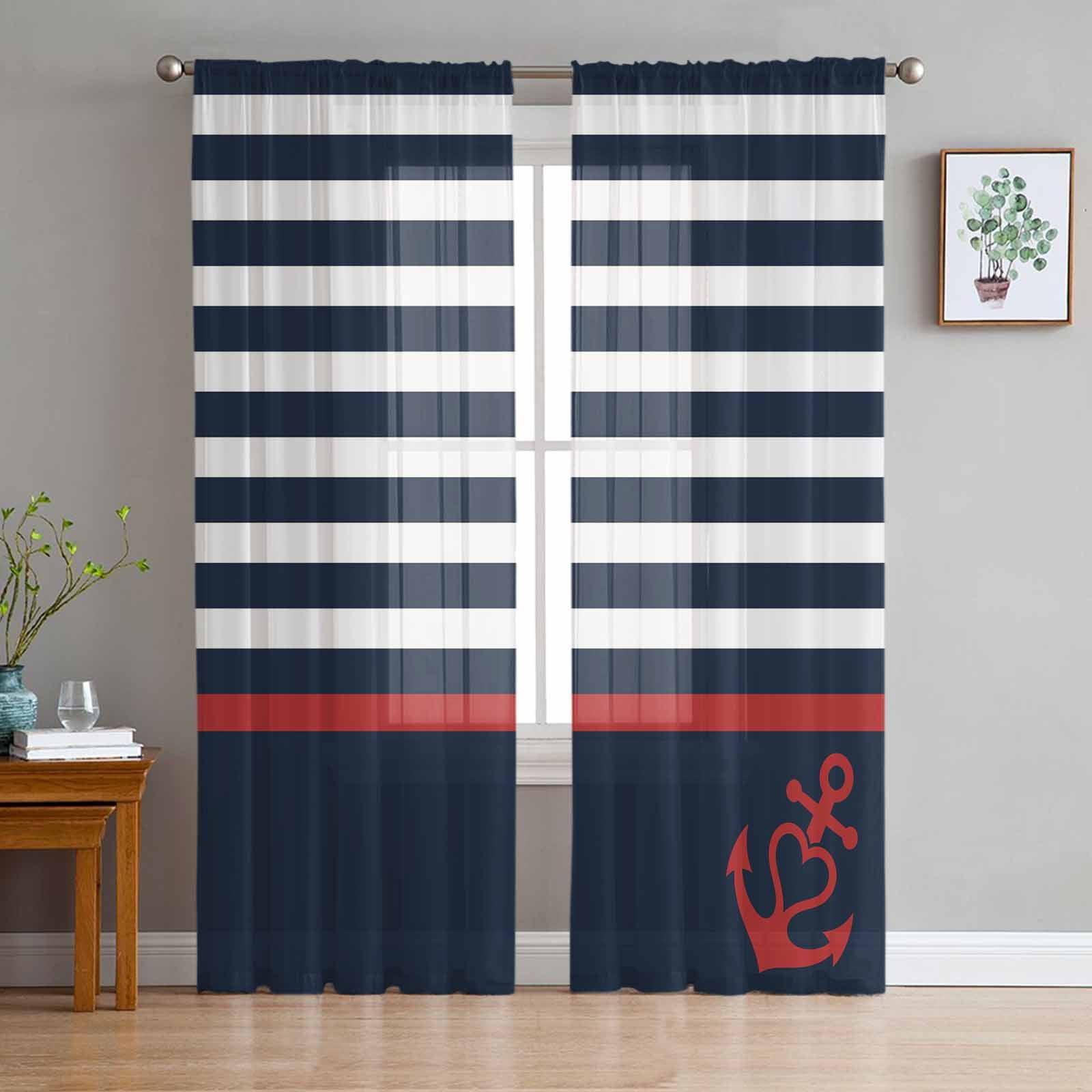 Anchor Navy Blue Semi Sheer Curtains 84 Inch Length 2 Panels Set, Red ...