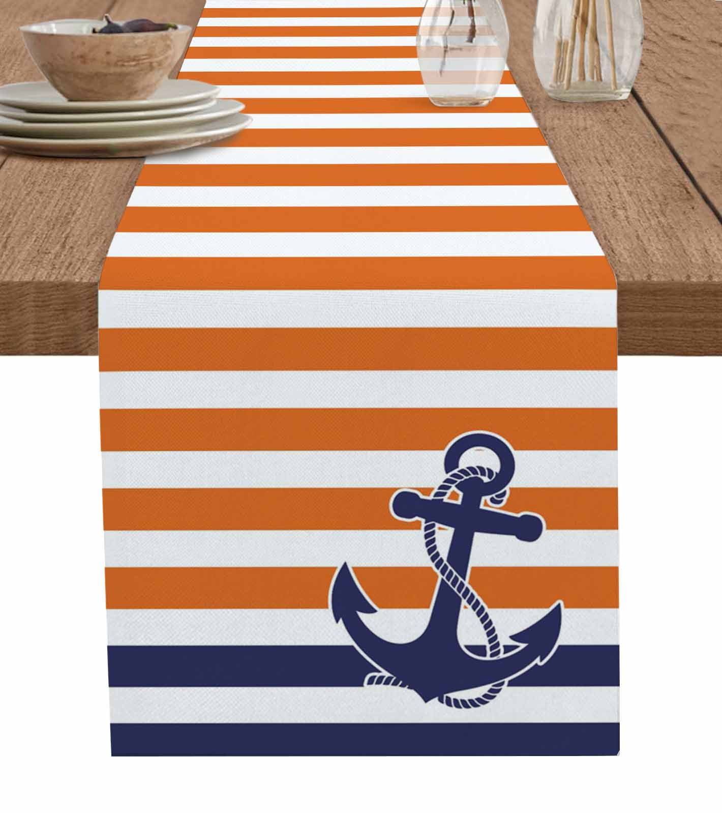 Anchor Orange Table Runner 60 Inches, Modern Navy Blue White Striped ...