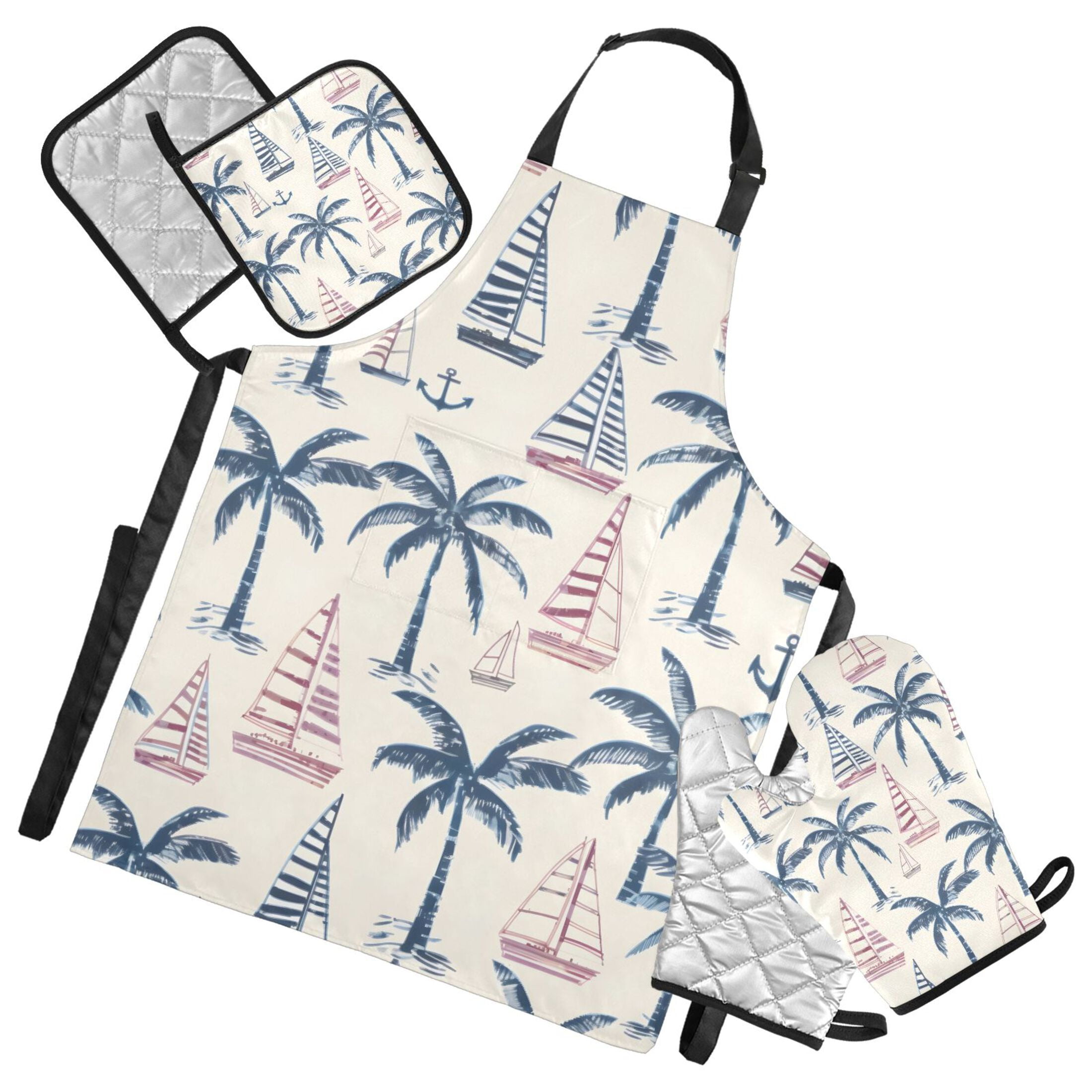 Anchor Palm Tree Ship 5 Pcs Kitchen Set Heat Resistant Oven Mitts and ...