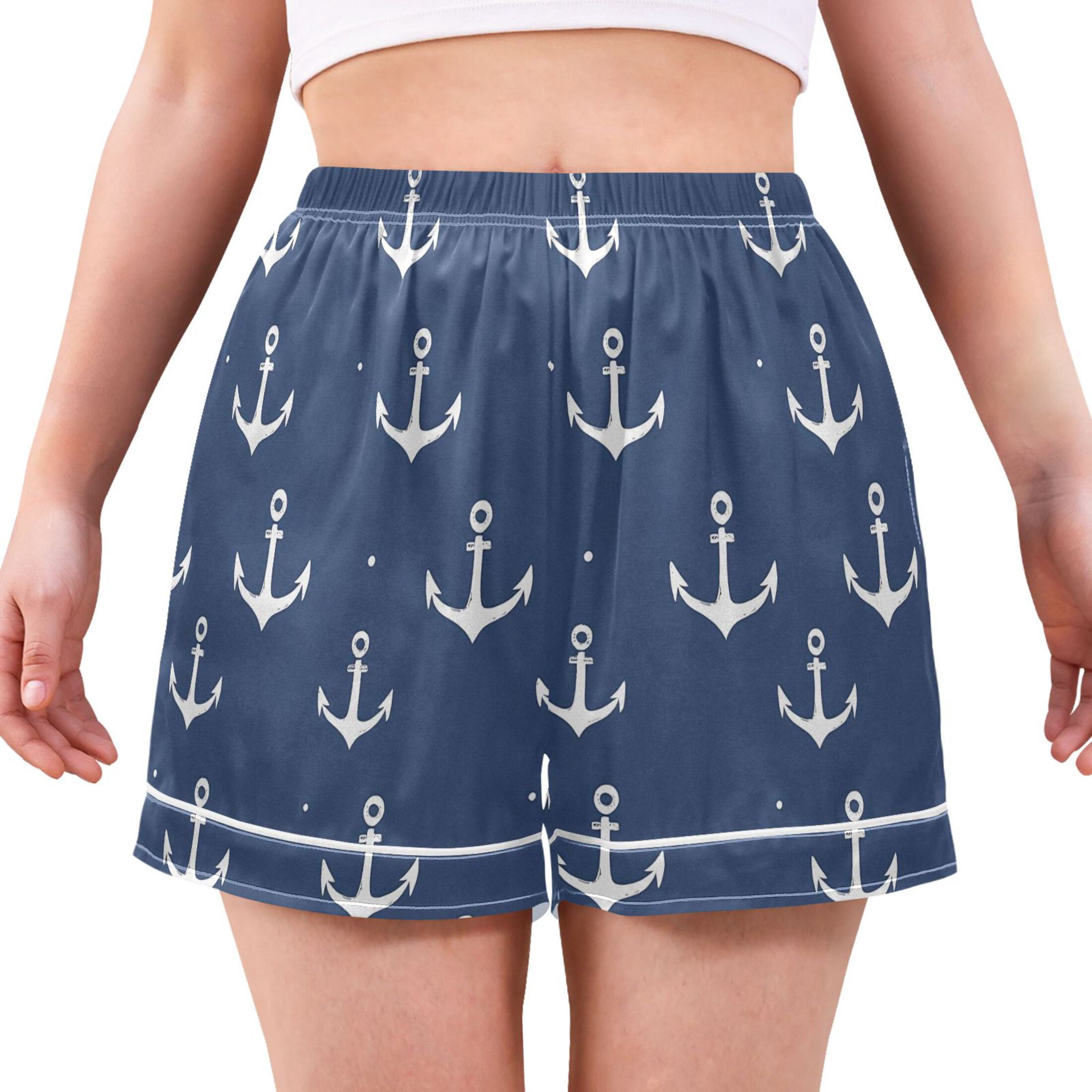 Anchor Pattern Women's Pajama Shorts Silky Satin Casual Lounge Sleep ...