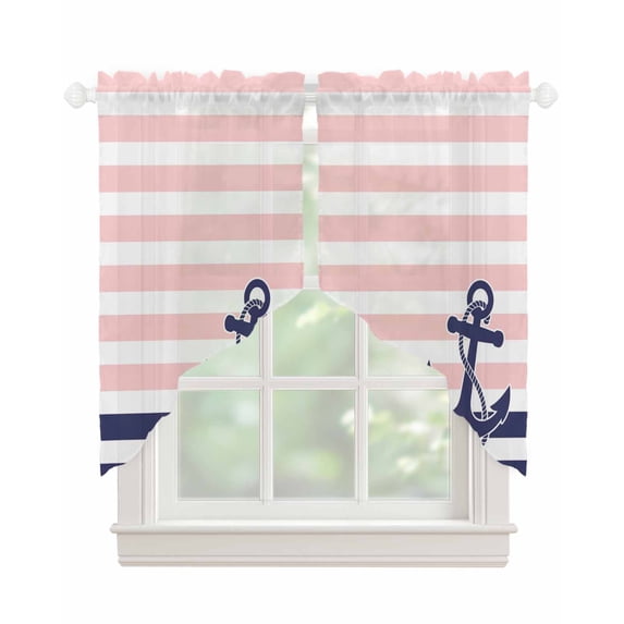 Anchor Pink Swag Valances for Windows, Modern Navy Blue White Striped ...