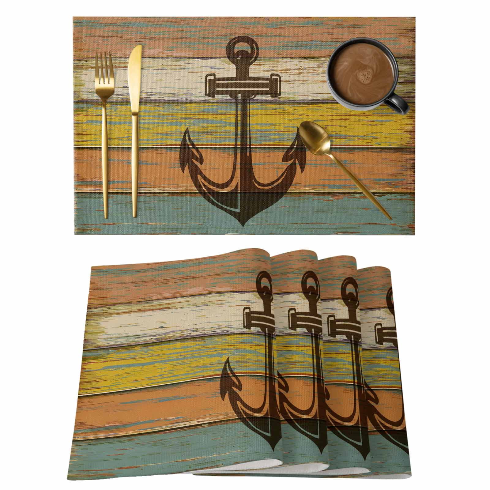 Anchor Placemats Set of 12 Vintage Yellow Orange Wood Board Nautical ...