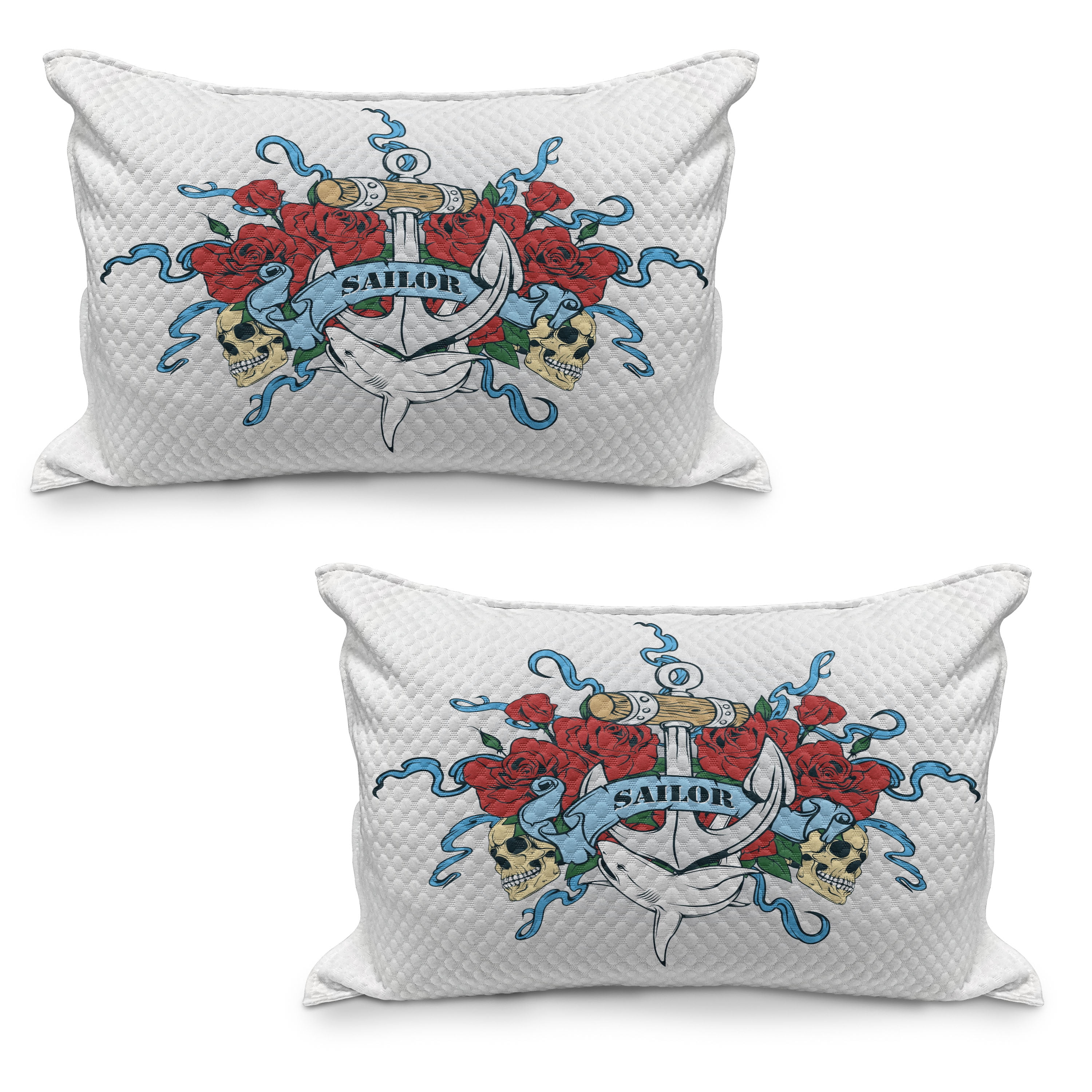 Anchor Quilted Pillowcover Set of 2, Anchor Head Bones Skeleton Roses ...