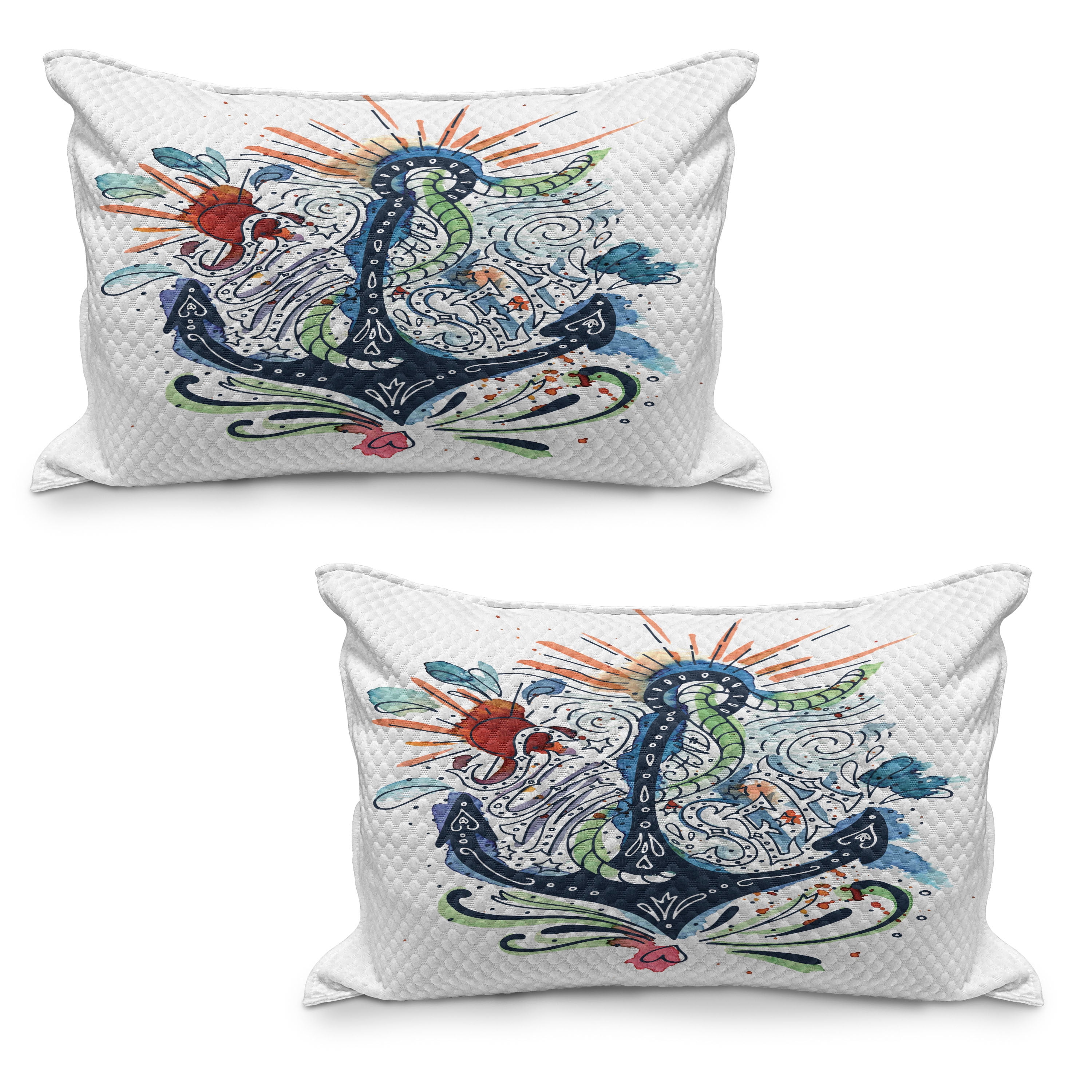 Anchor Quilted Pillowcover Set of 2, Ornate Ship Anchor Sun Heart Sea ...