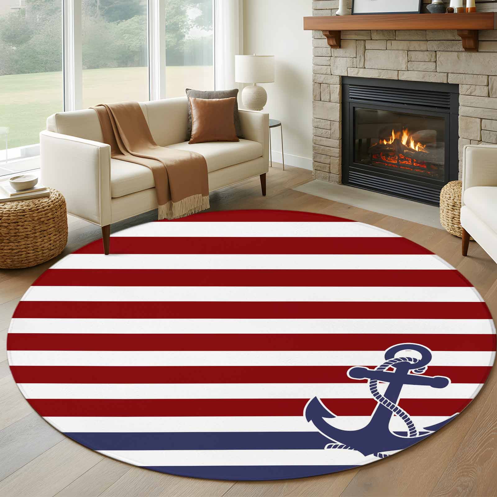 Anchor Red Round Area Rug 6 FT, Non Slip Bedroom Rugs, Modern Navy Blue ...