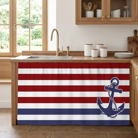 Anchor Red Sink Skirt Curtain 32''x55'', Modern Navy Blue White Striped ...