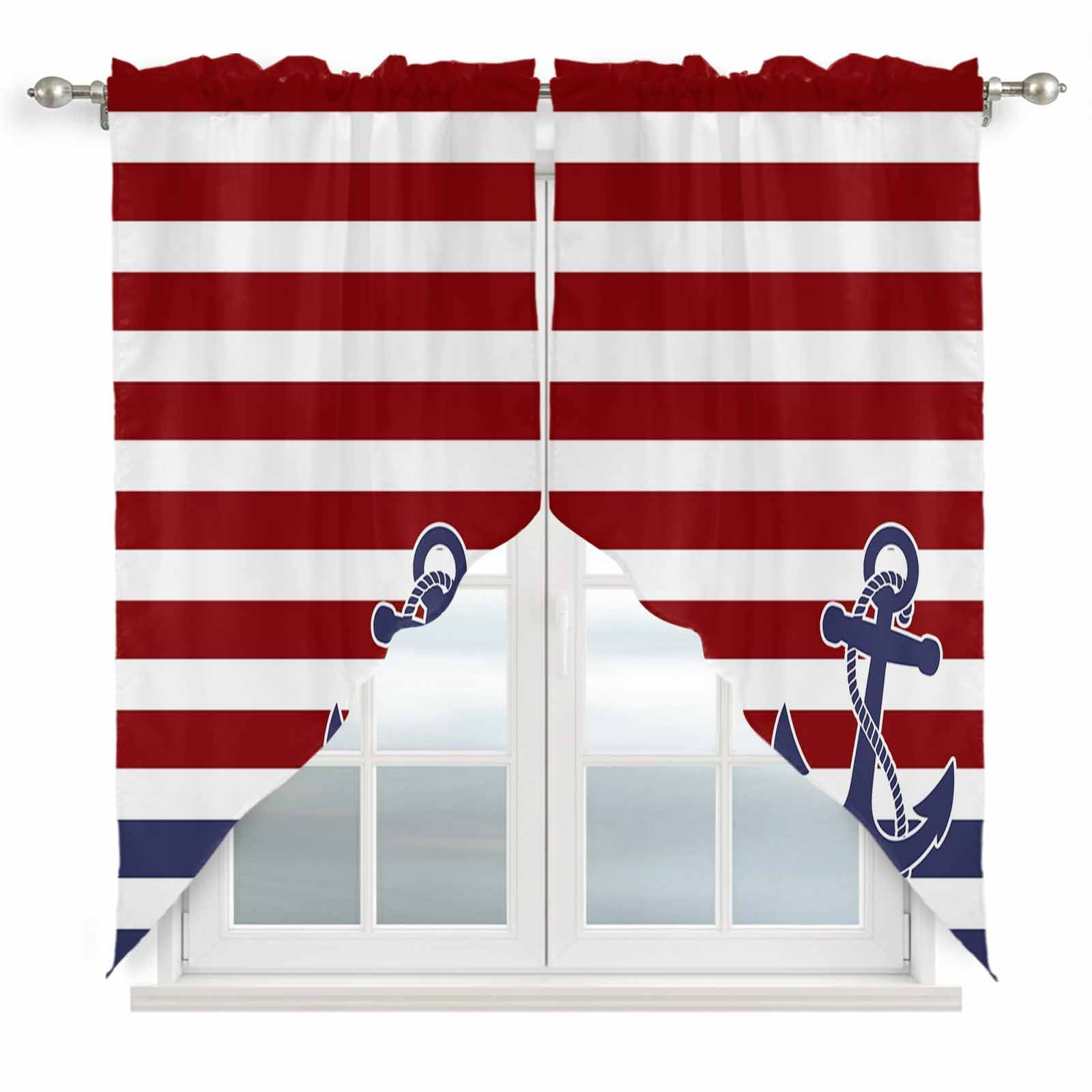 Anchor Red Swag Curtains Modern Navy Blue White Striped Nautical Swag ...