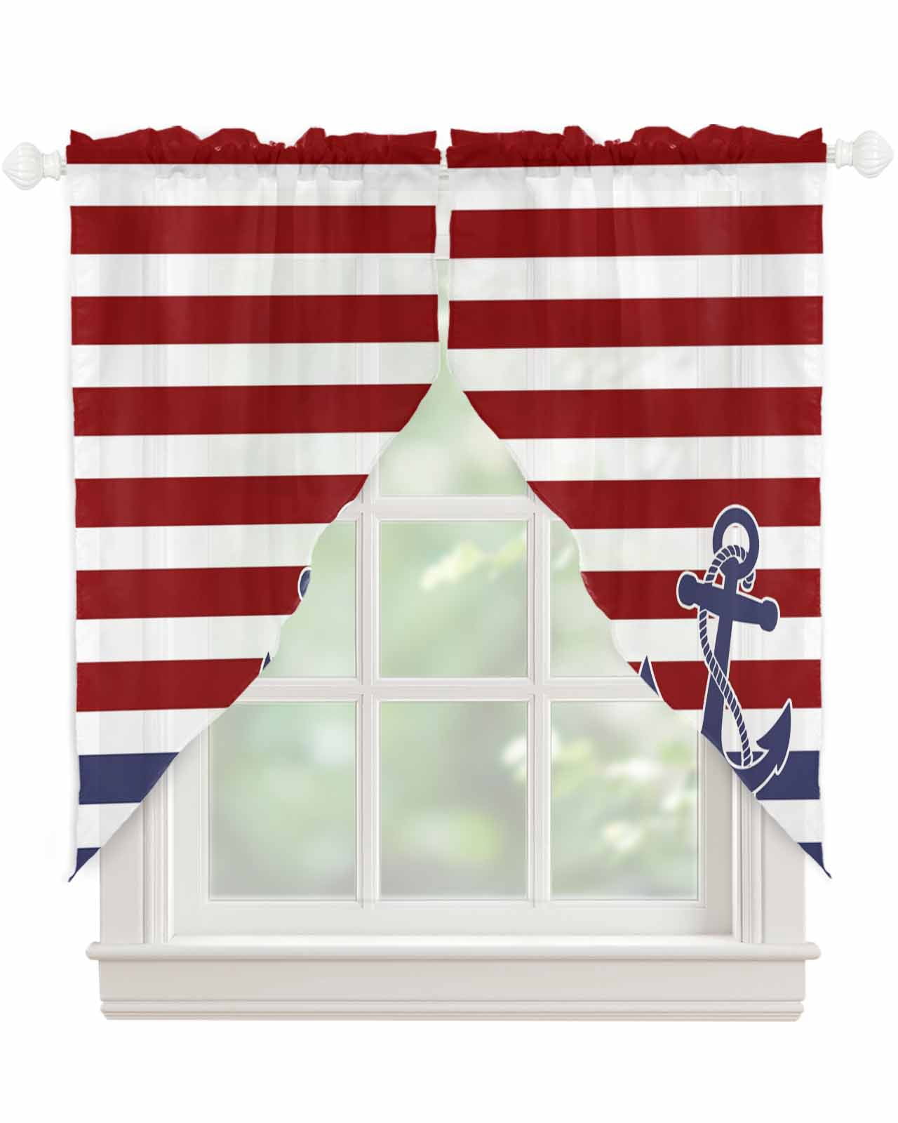 Anchor Red Swag Valances for Windows, Modern Navy Blue White Striped ...
