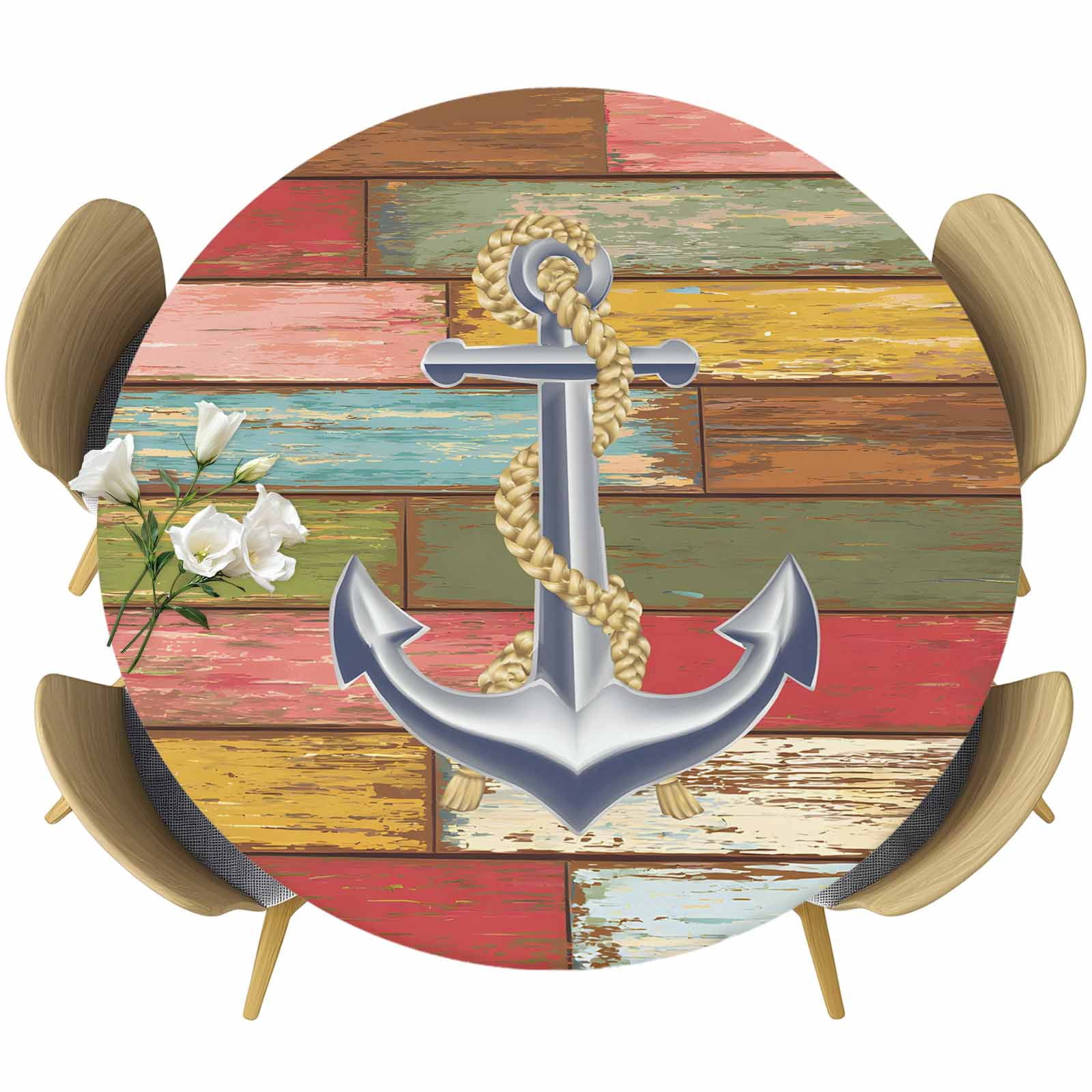 Anchor Round Fitted Tablecloth with Elastic Edge, Rope Vintage Brown ...