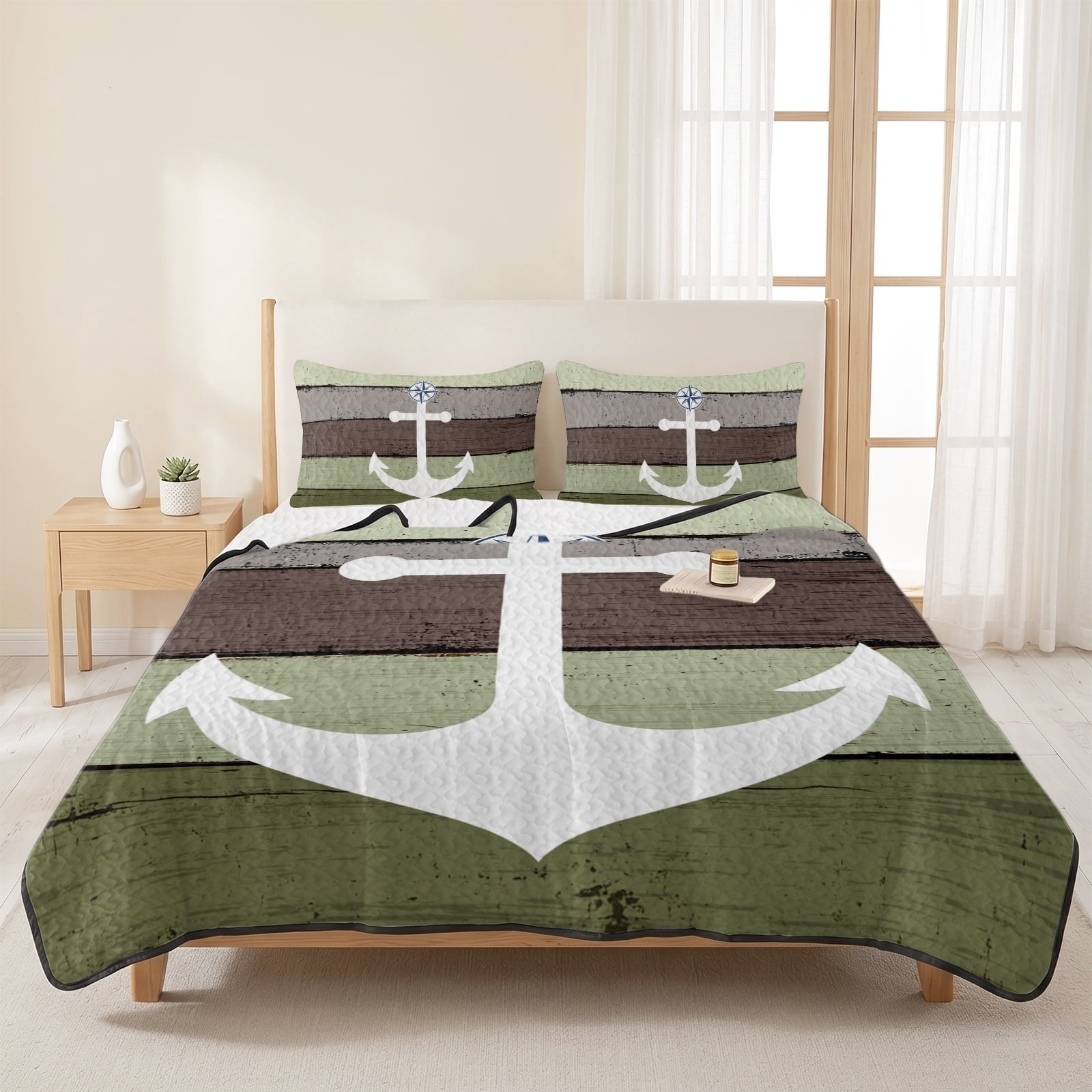 Anchor on Sage Green Farm Wood Grain 3 Pieces Quilt Set,1 Quilt with 2 ...