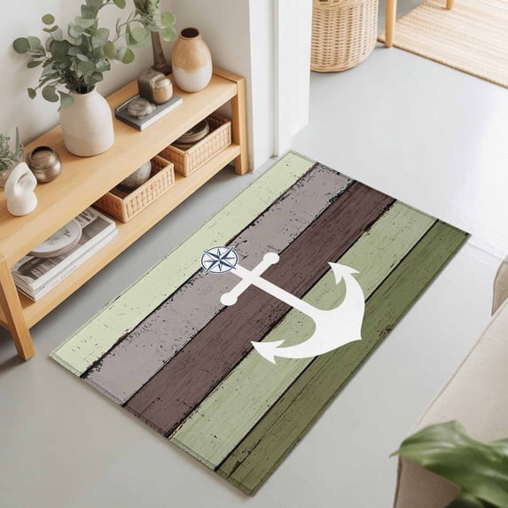 Anchor on Sage Green Farm Wood Grain Rectangle Rug 2'x3' White Nautical ...