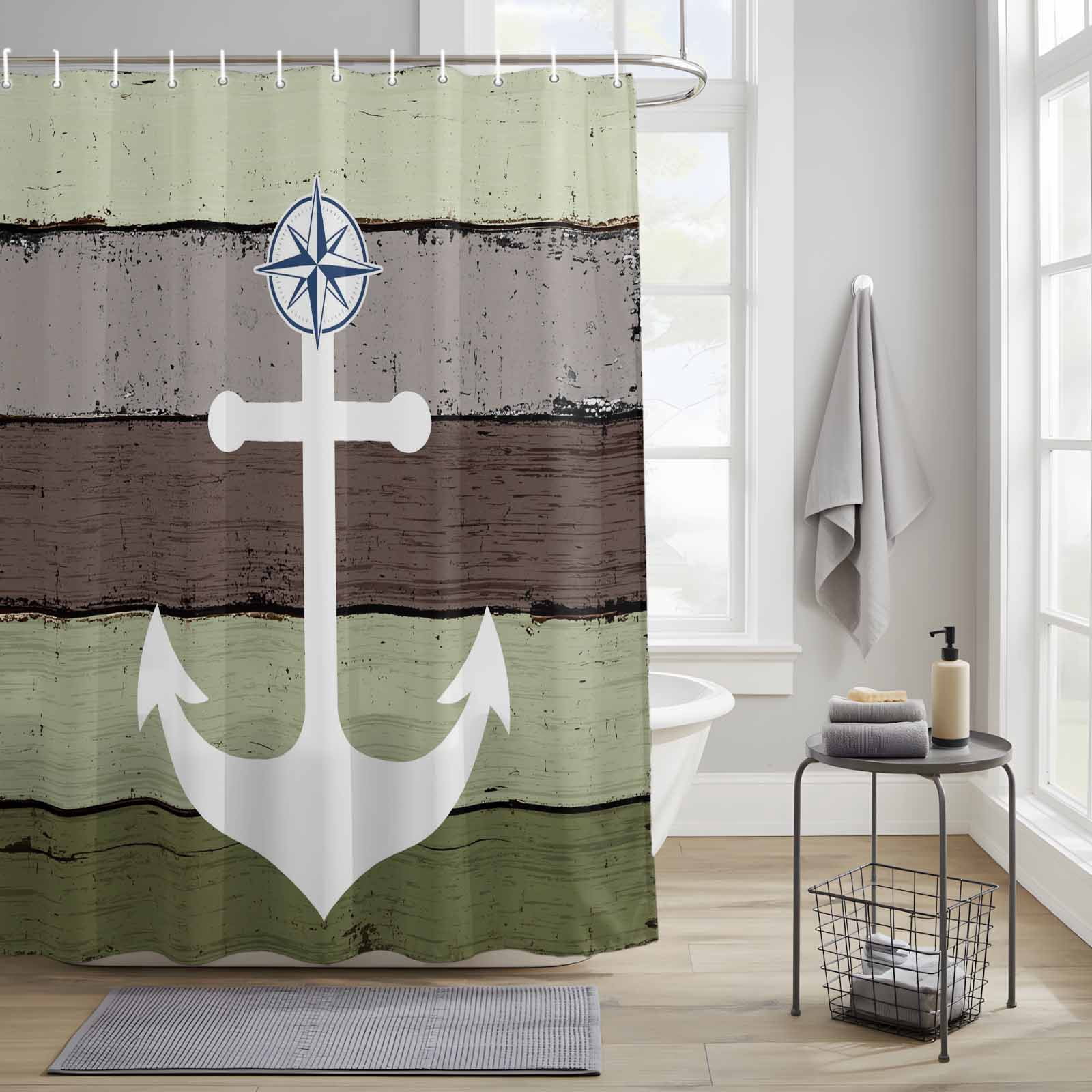 Anchor on Sage Green Farm Wood Grain Shower Curtain Set, Waterproof ...