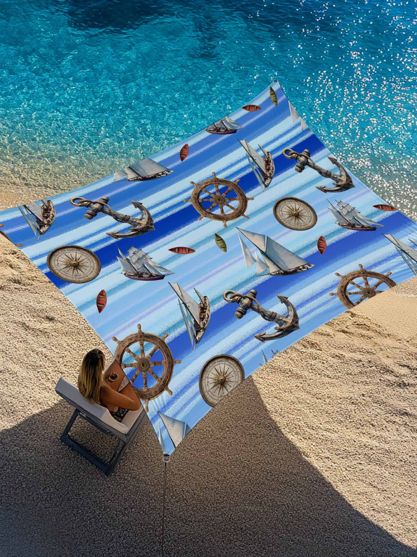 Anchor Sailboat Sun Shade Sail 8' x 10', Compass Rudder Blue Stripes ...