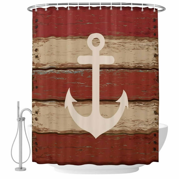 Anchor Shower Curtain, 48" x 72", Vintage Brown Red Wood Board Nautical ...