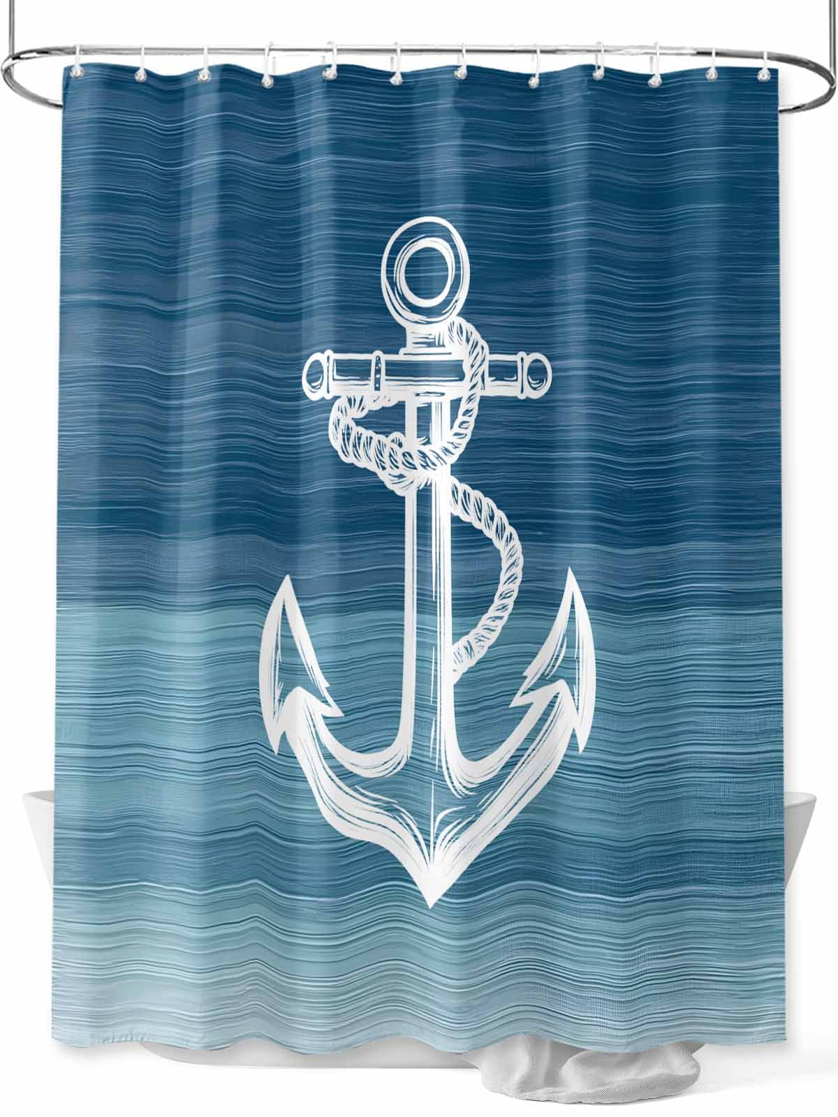 Anchor Shower Curtain, Blue Gradient Lines Ocean Nautical Waterproof ...