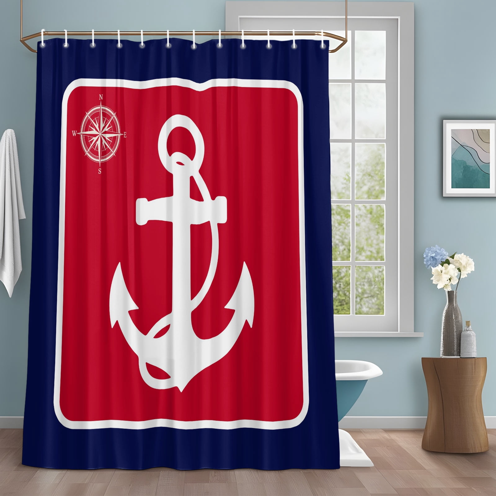 Anchor Shower Curtain with Hooks, Compass Nautical Navy Blue Red Water ...