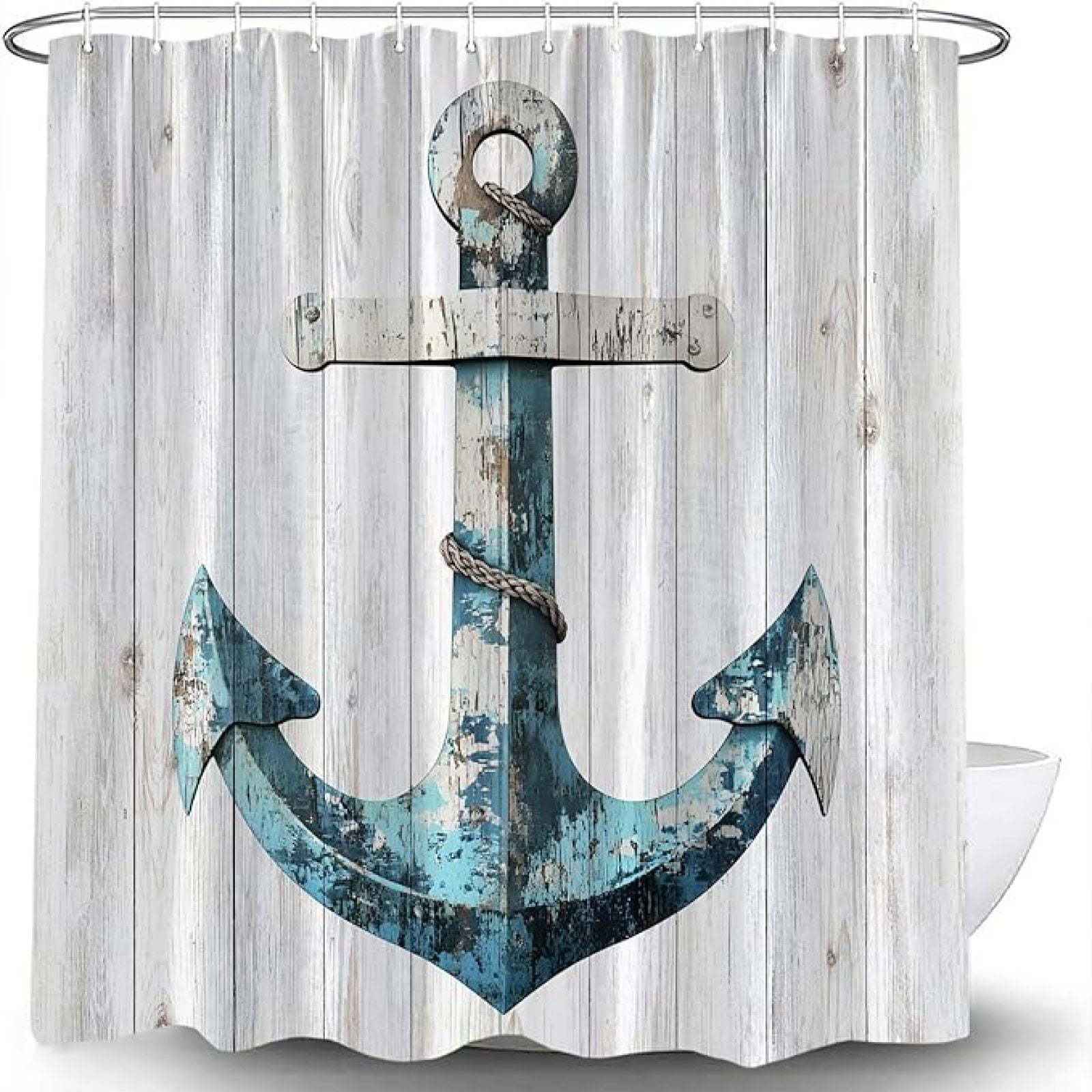 Anchor Shower Curtain Nautical Ocean Coastal Rustic Wooden Plank Blue ...