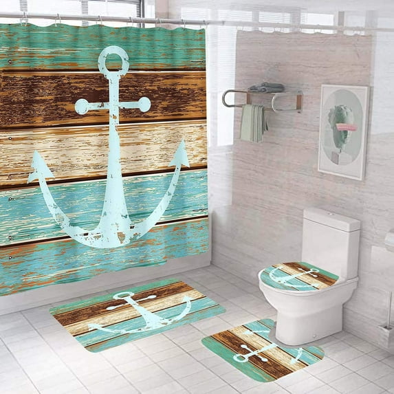 Anchor Shower Curtain Sets Non-Slip Rug Toilet Lid Cover Bath Mat l ...