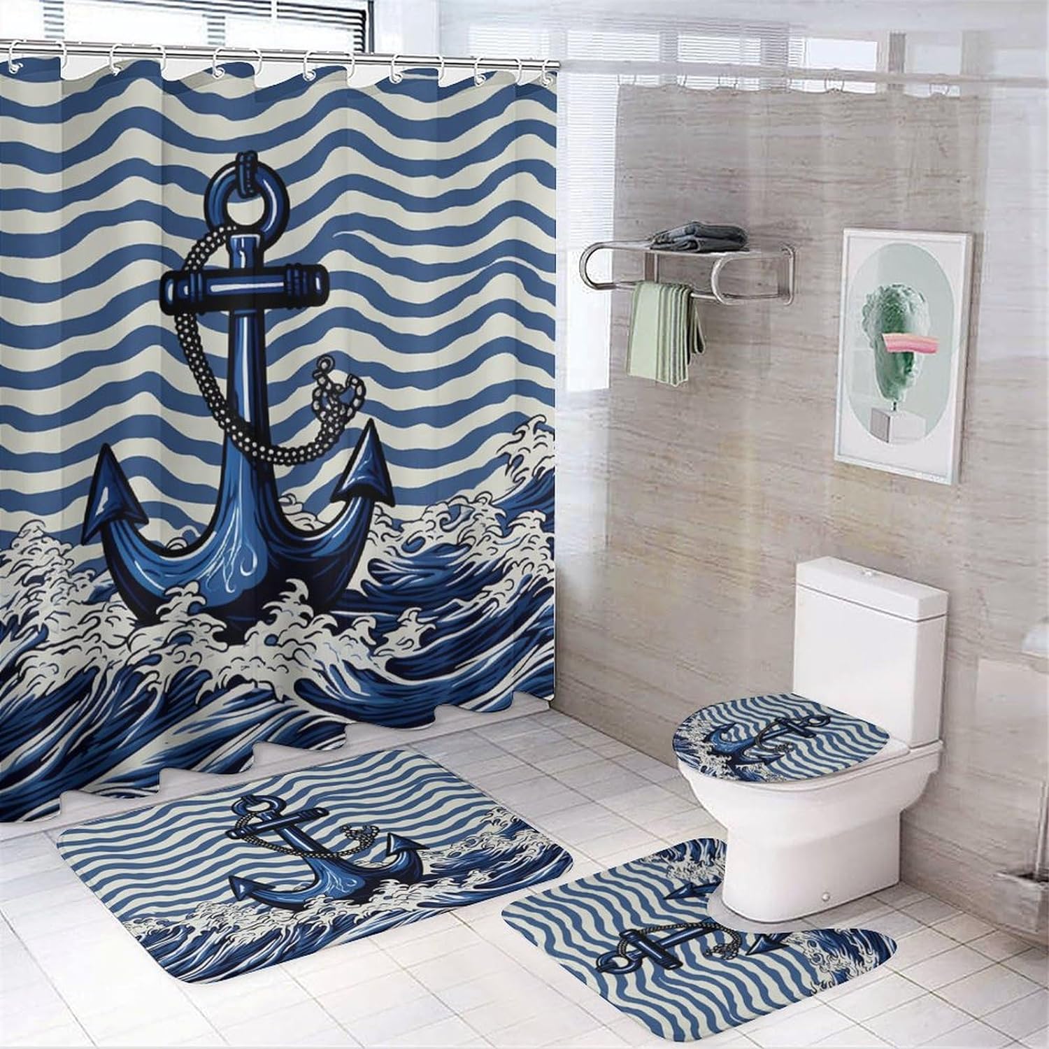 Anchor, Shower Curtain Sets with Rugs 4 Piece, Decor for Bathroom ...