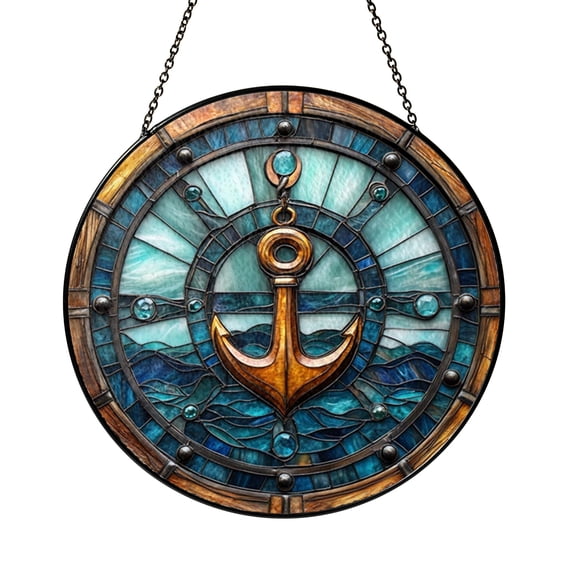 Anchor Stained Glass Suncatcher Window Hanging, Blue Gold Marine Art ...