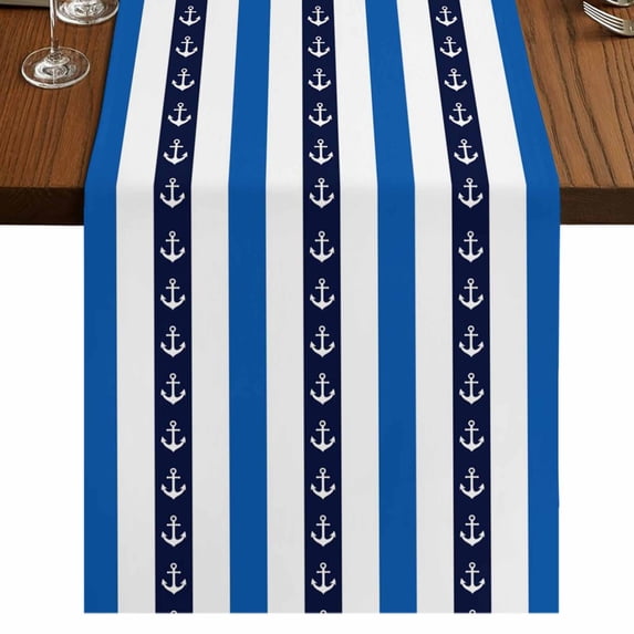 Anchor Stripe 72 Inch Table Runner, Navy Blue Nautical Coastal White ...