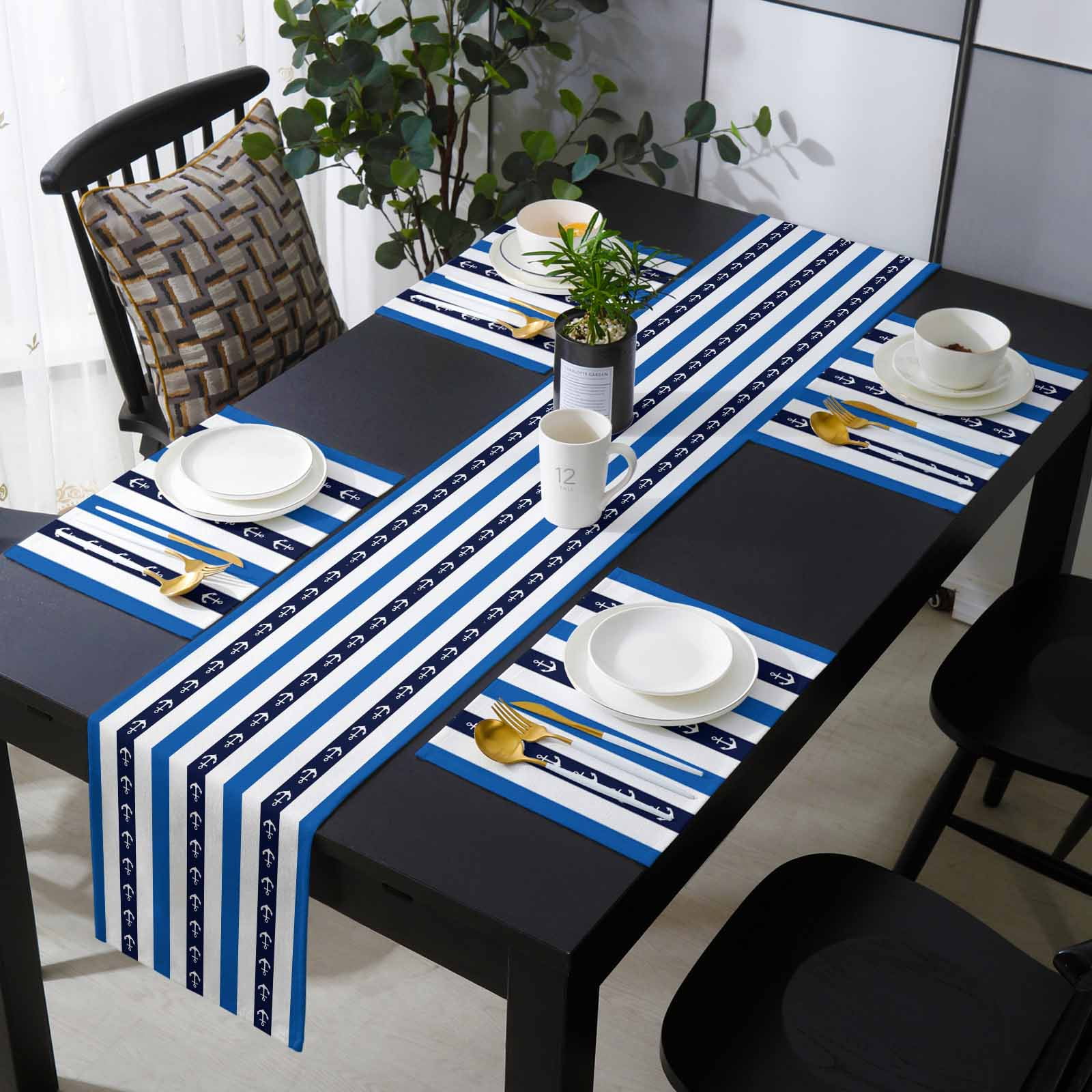 Anchor Stripe Placemats Set of 6 with 72 Inches Long Table Runners,Navy ...