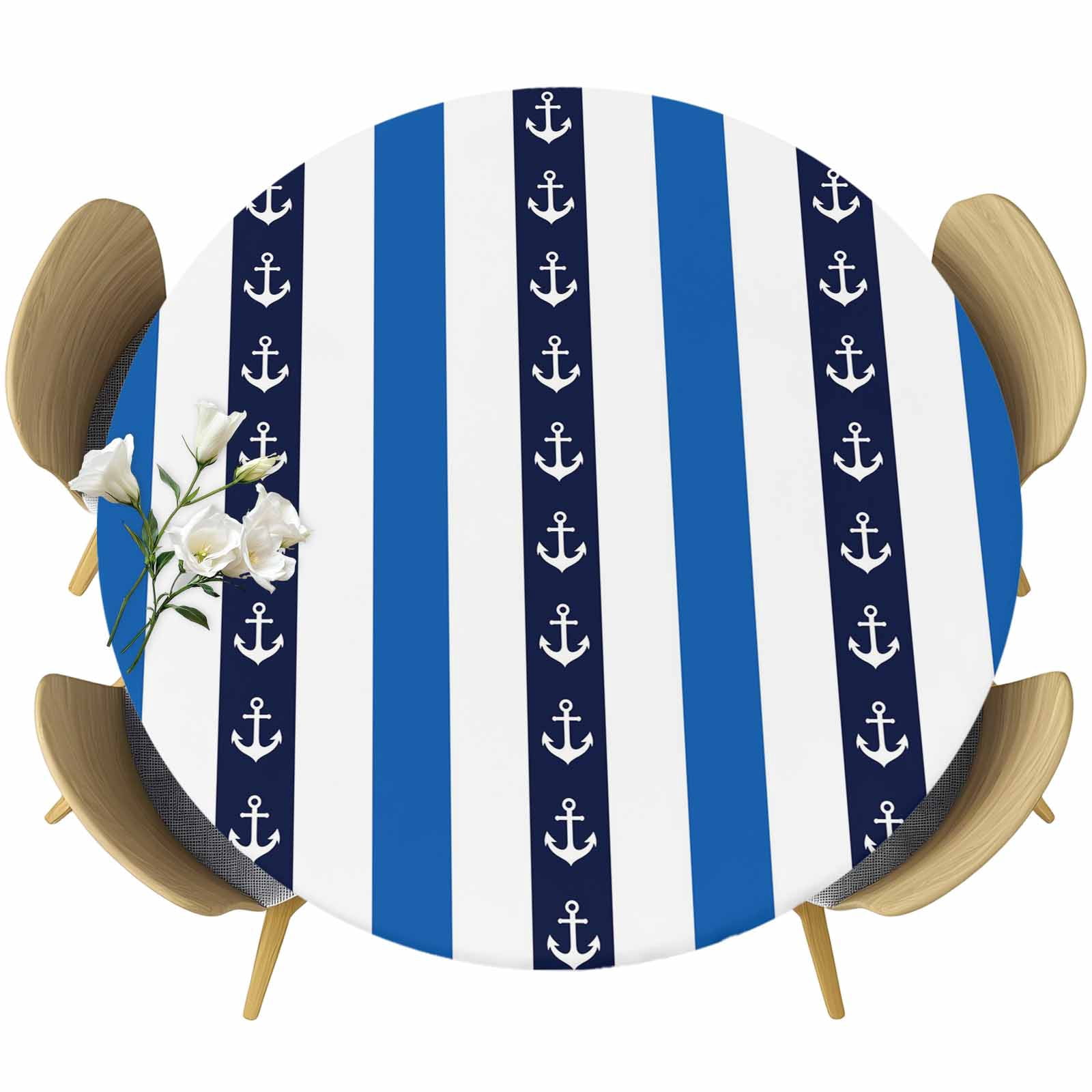 Anchor Stripe Round Tablecloth, Fitted Table Cover with Elastic for 55 ...
