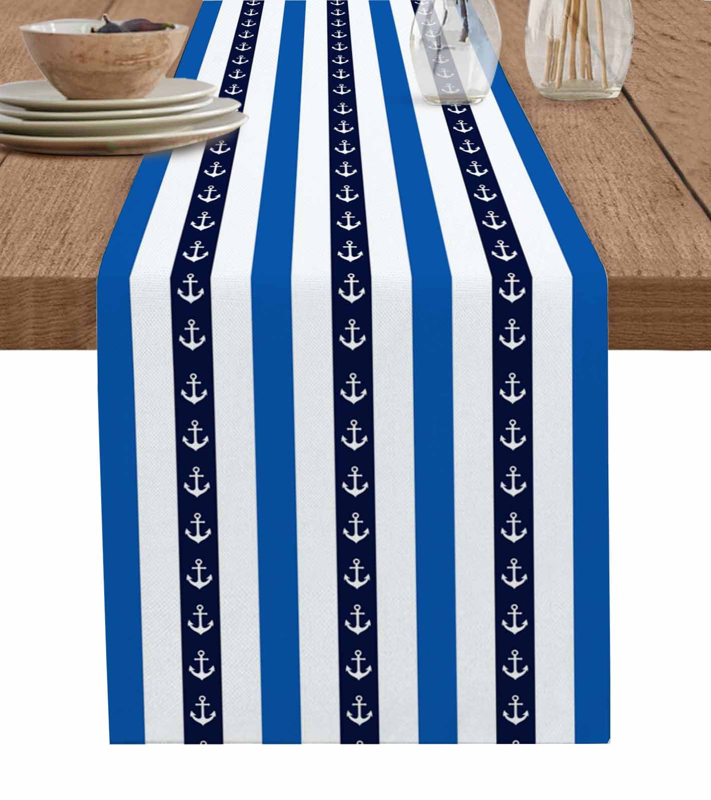 Anchor Stripe Table Runner 72 Inches, Navy Blue Nautical Coastal White ...