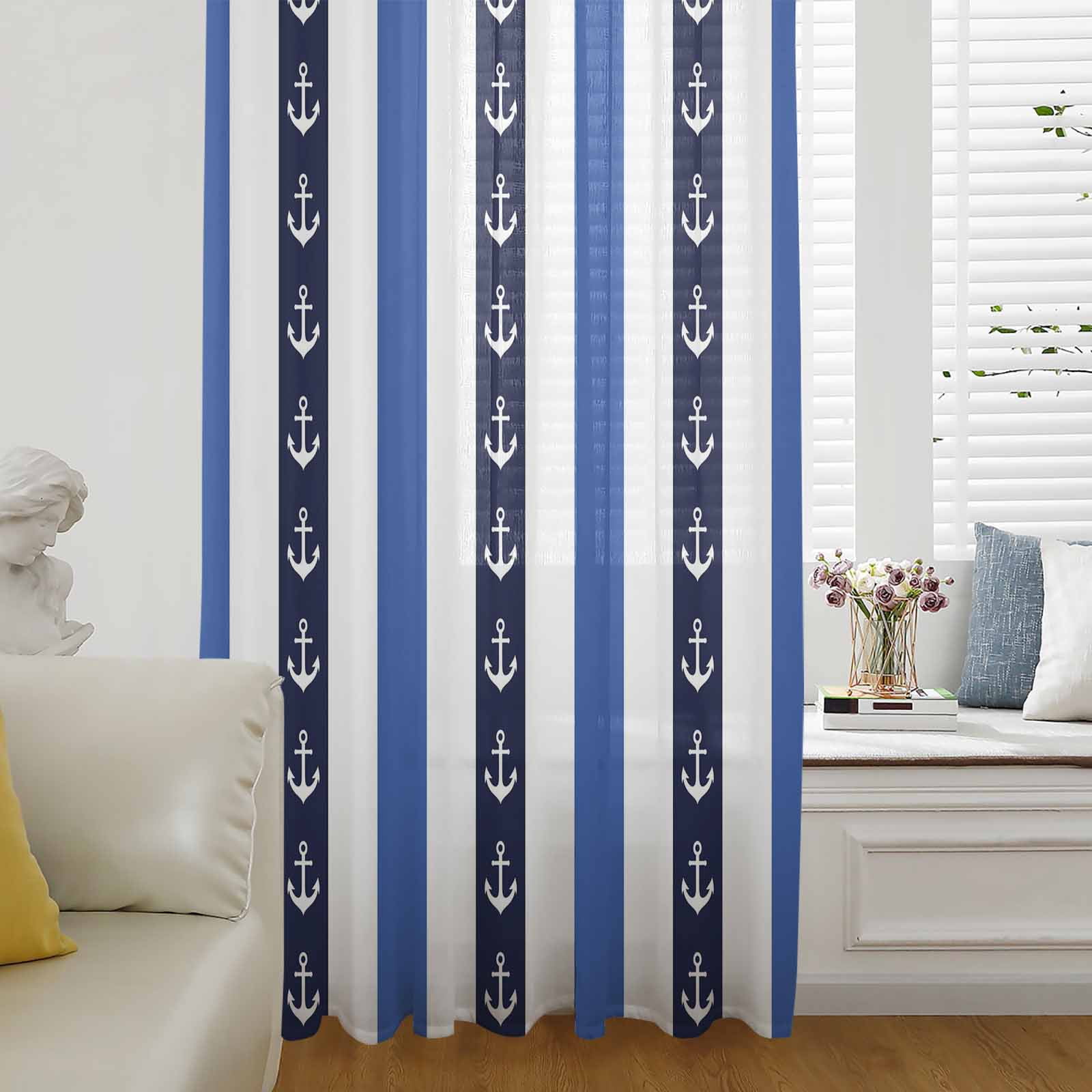 Anchor Stripe Window Curtain 96 Inches Long,Navy Blue Nautical Coastal ...