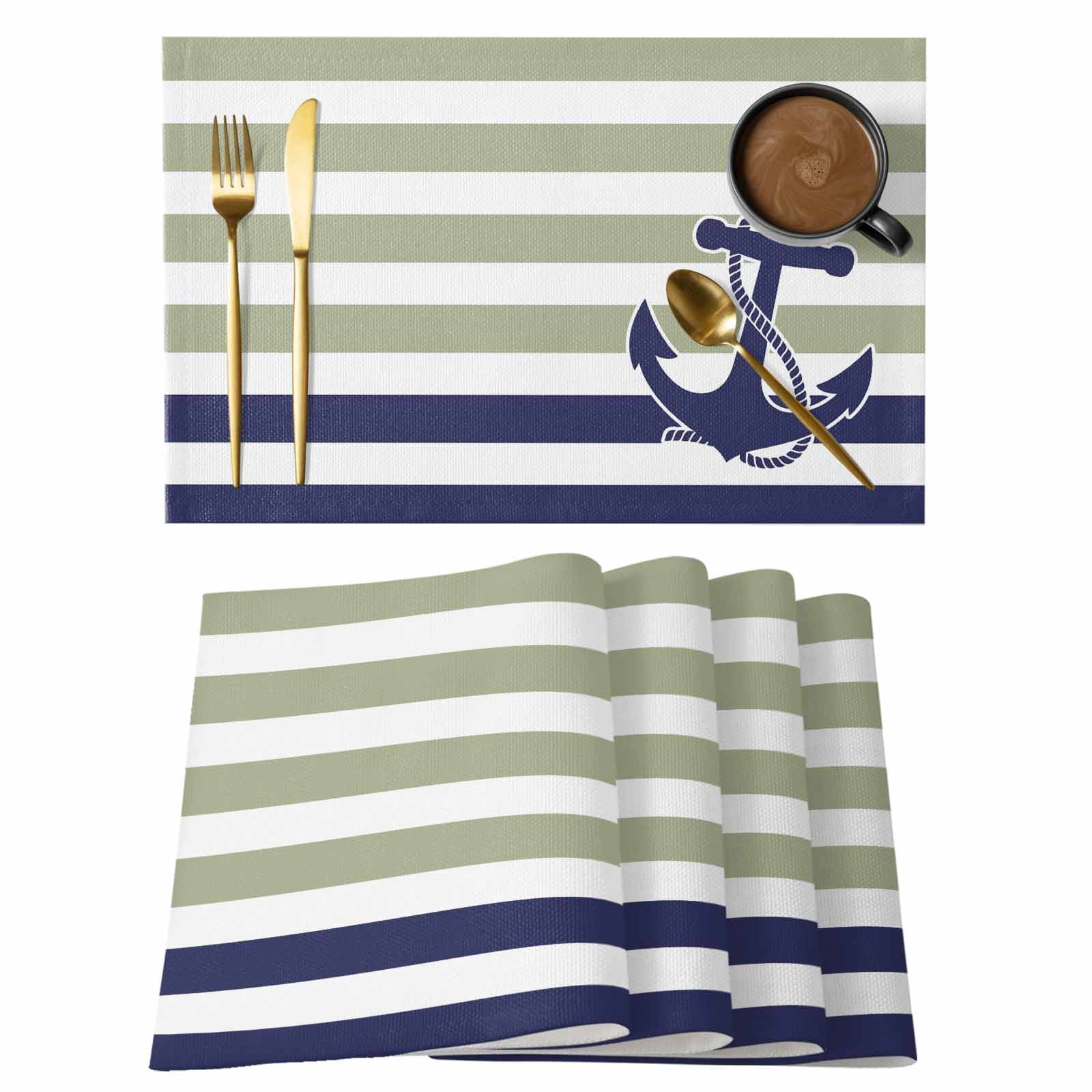Anchor Striped Cotton Linen Placemats Set of 1, Ocean Sage Green and ...