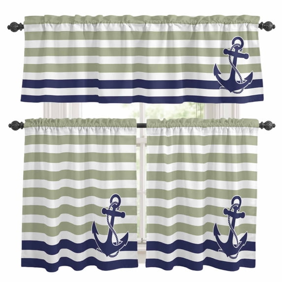 Anchor Striped Kitchen Curtains and Valances Set, Ocean Sage Green and ...