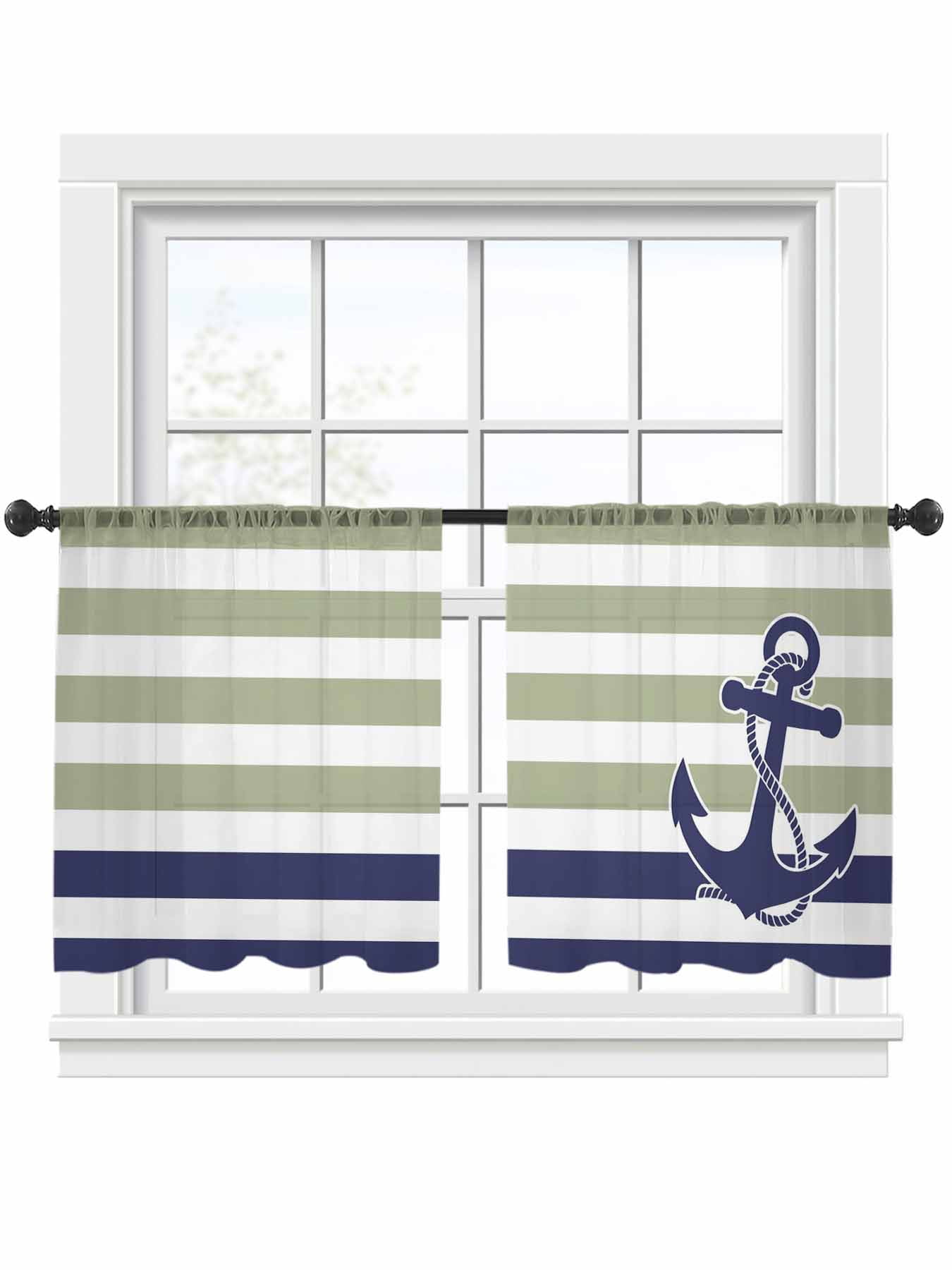 Anchor Striped Sheer Curtains 2 Panels Set Ocean Sage Green and Blue ...