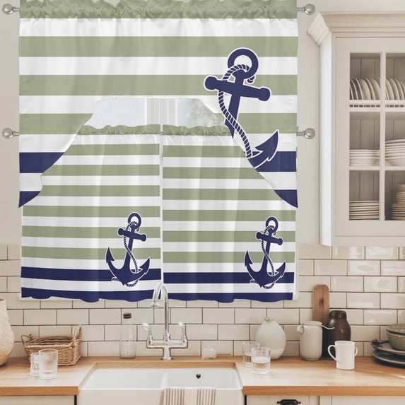Anchor Striped Swag Curtains Valance and Tier Set, Ocean Sage Green and ...