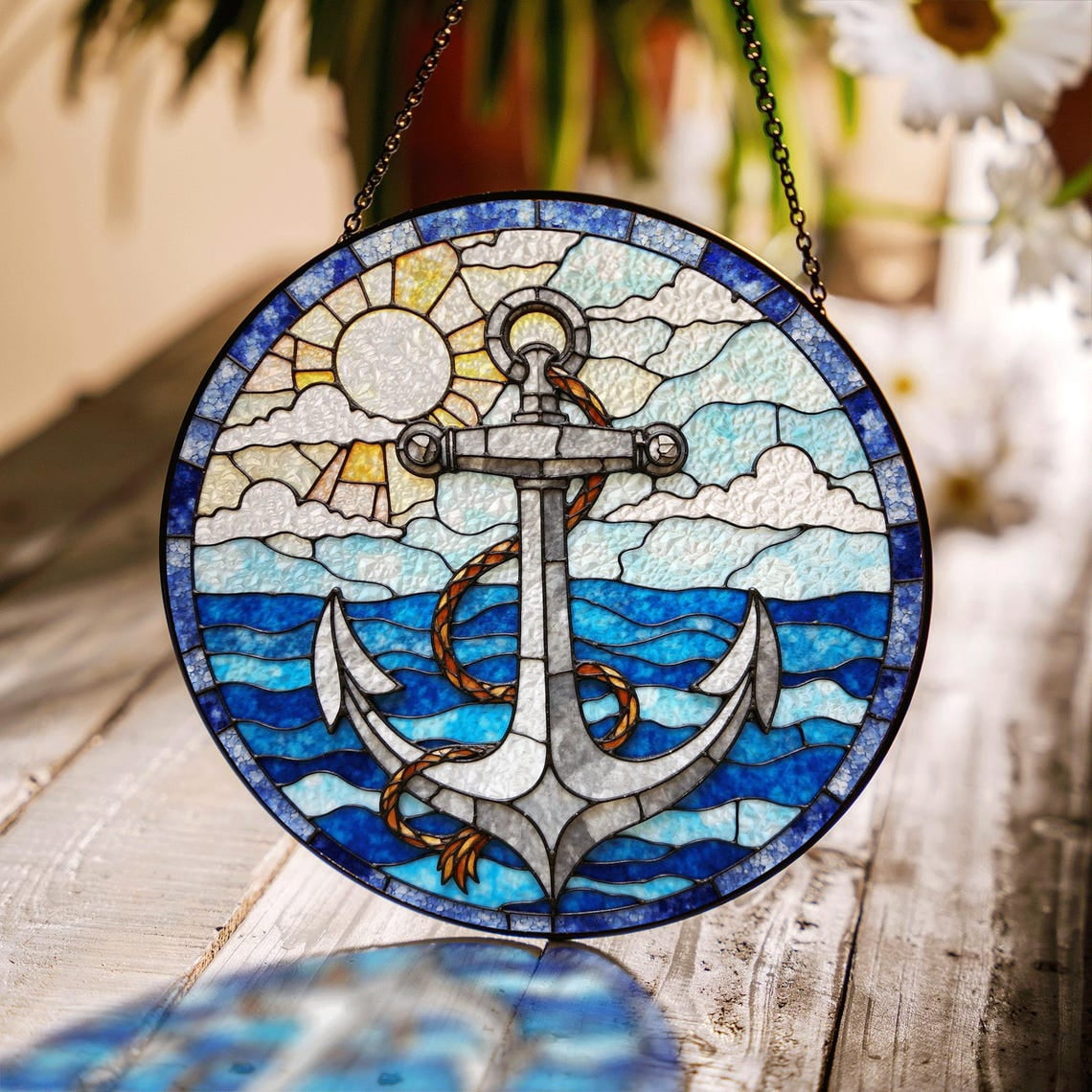 Anchor Sun Waves Glass Suncatcher, Nautical Window Hanging Ocean Lover ...