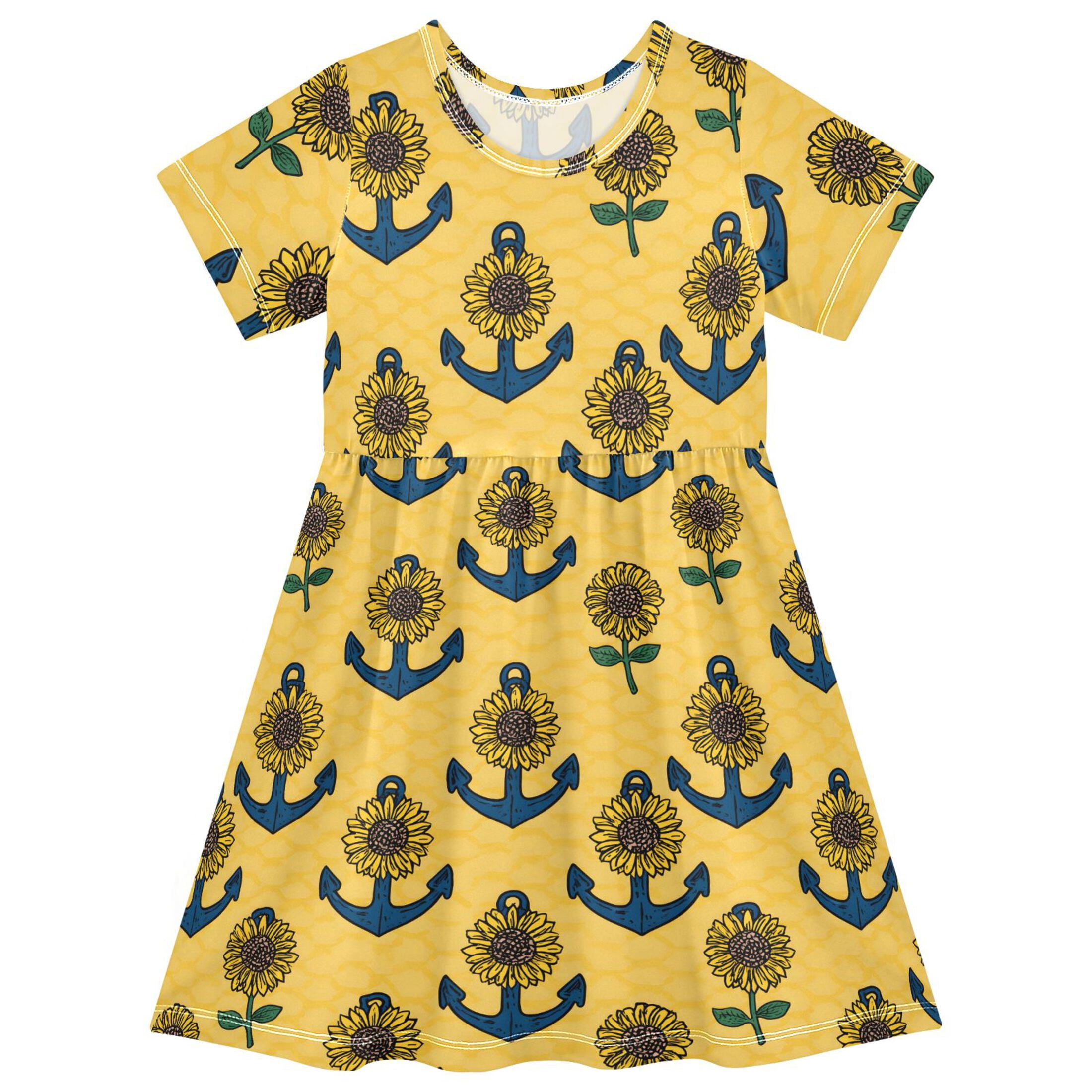 Anchor Sunflower Short Sleeve Dress A-Line Cute Midi Casual Sundress 2 ...