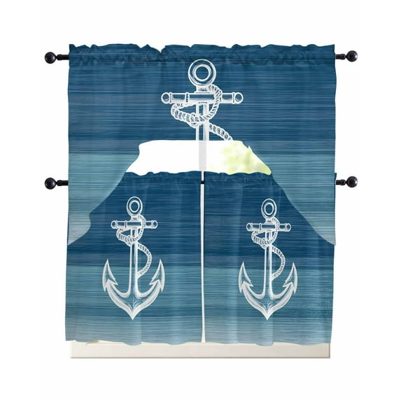 Anchor Swag Valance and Tier Curtains Set Blue Gradient Lines Ocean ...
