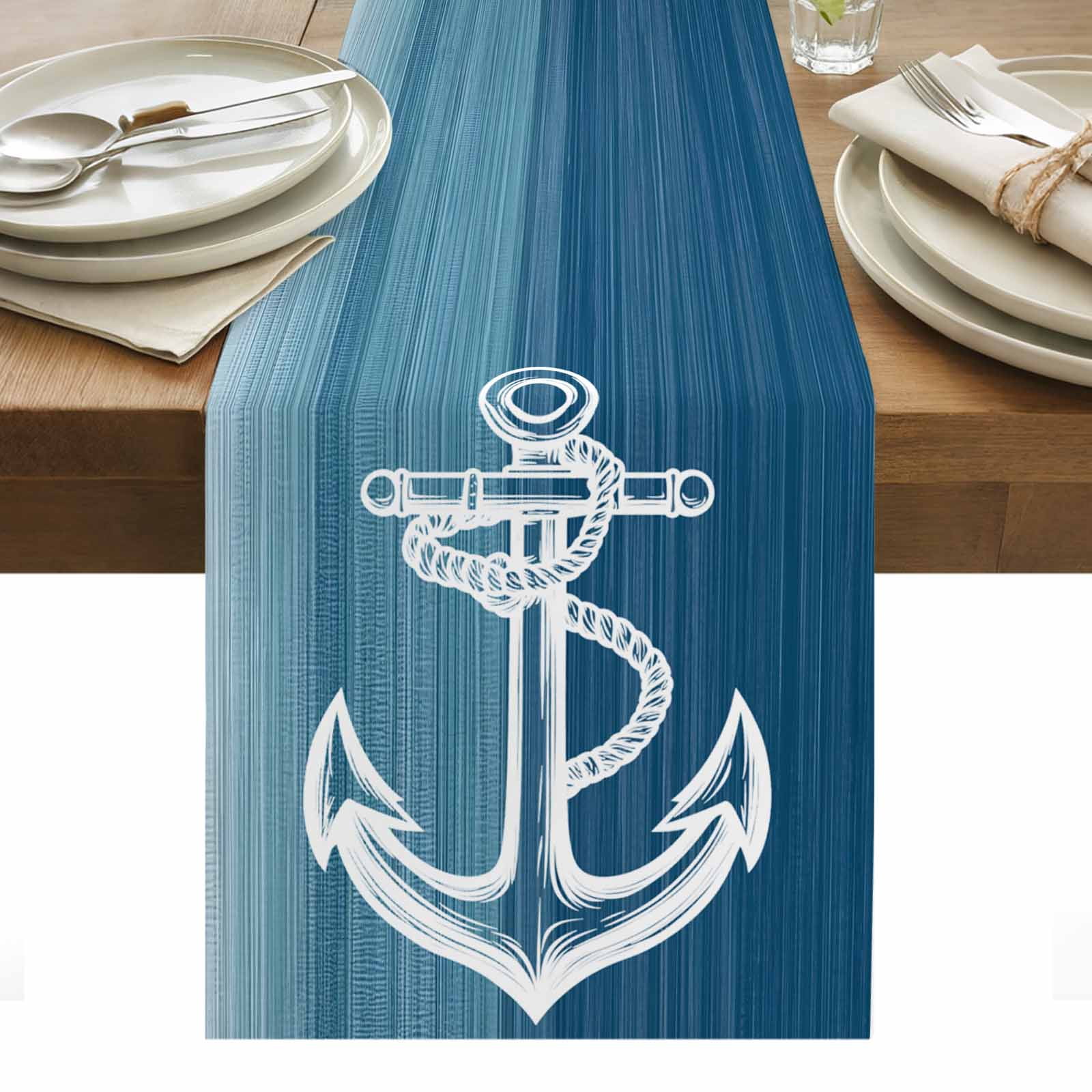Anchor Table Runner 13 x 70 Inch, Blue Gradient Lines Washable Cotton ...