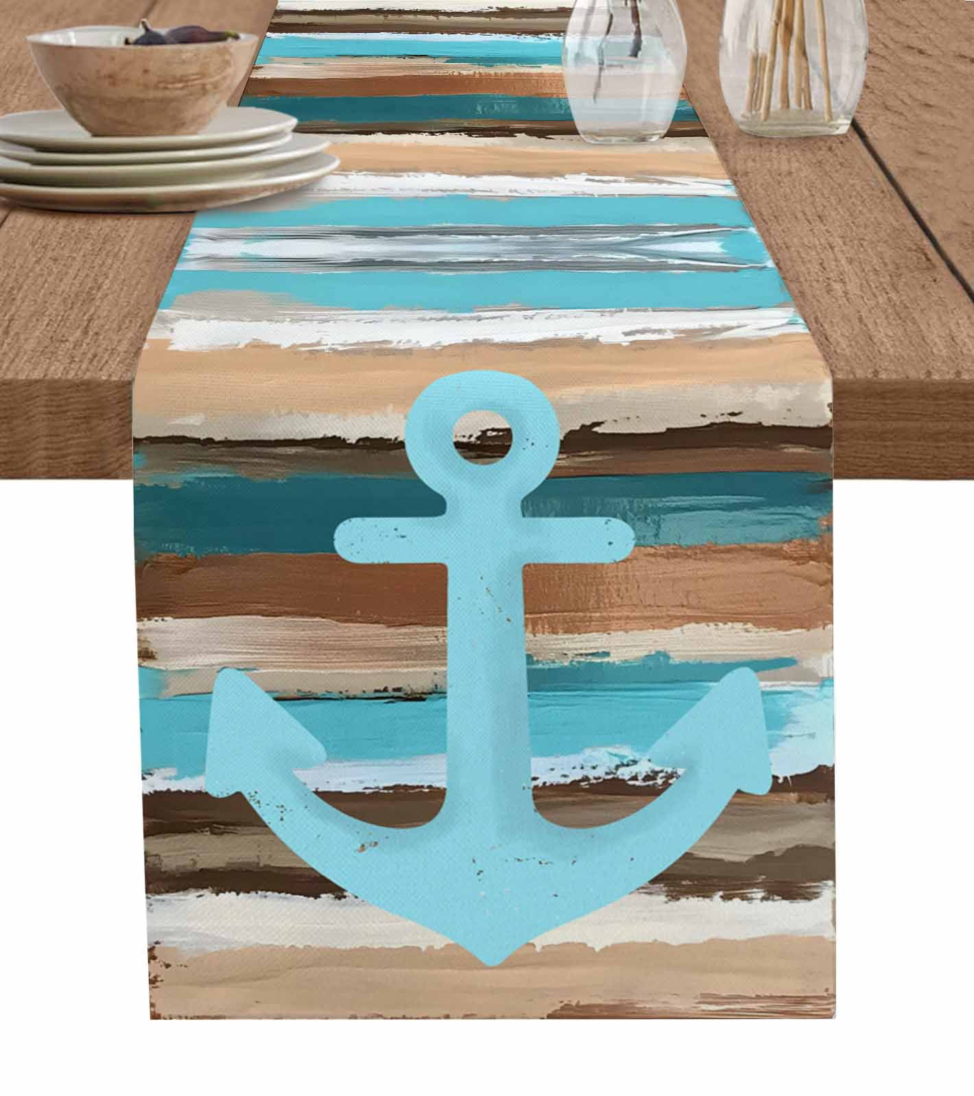 Anchor Table Runner 48 Inches, Blue Green Brown Vintage Wood Grain ...