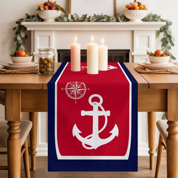 Anchor Table Runner, Compass Nautical Navy Blue Red Cotton Linen ...