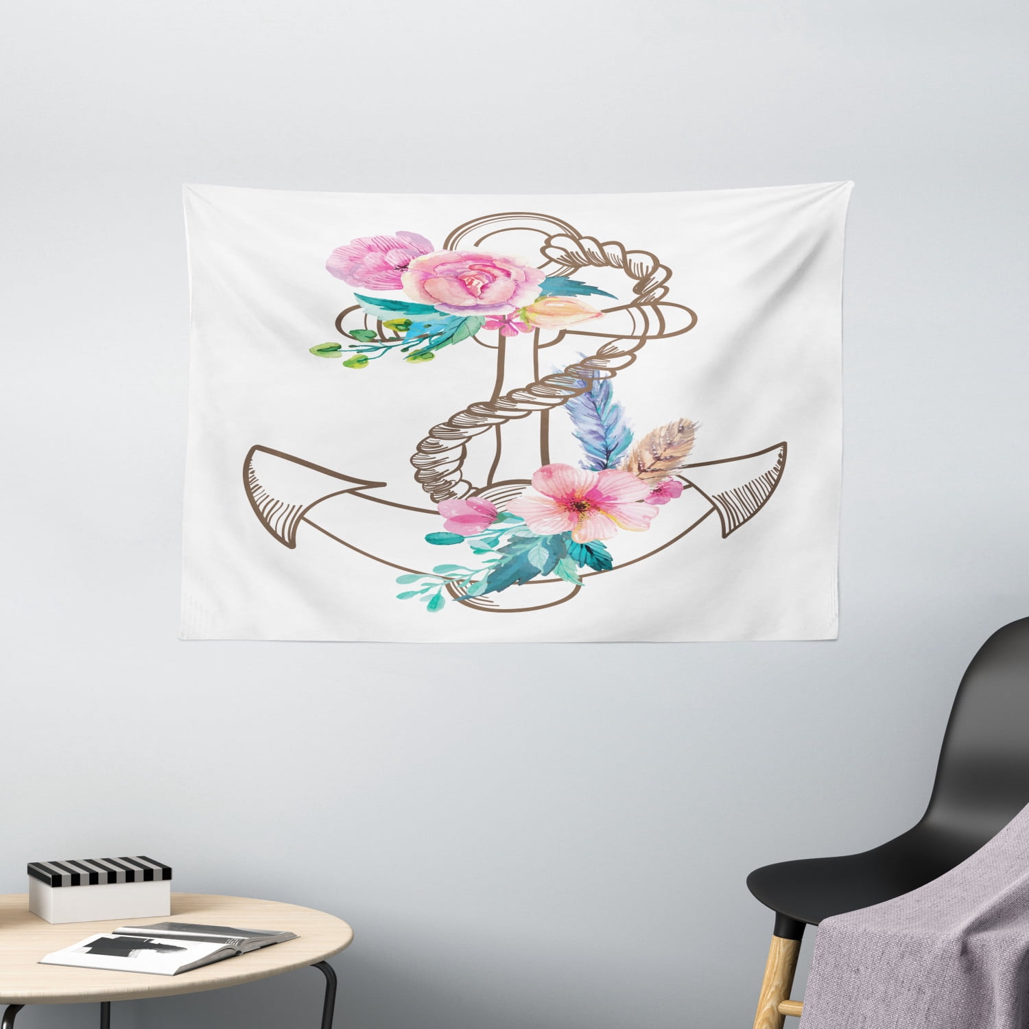 Anchor Tapestry, Watercolor Spring Blossoms and Feathers on a Doodle ...