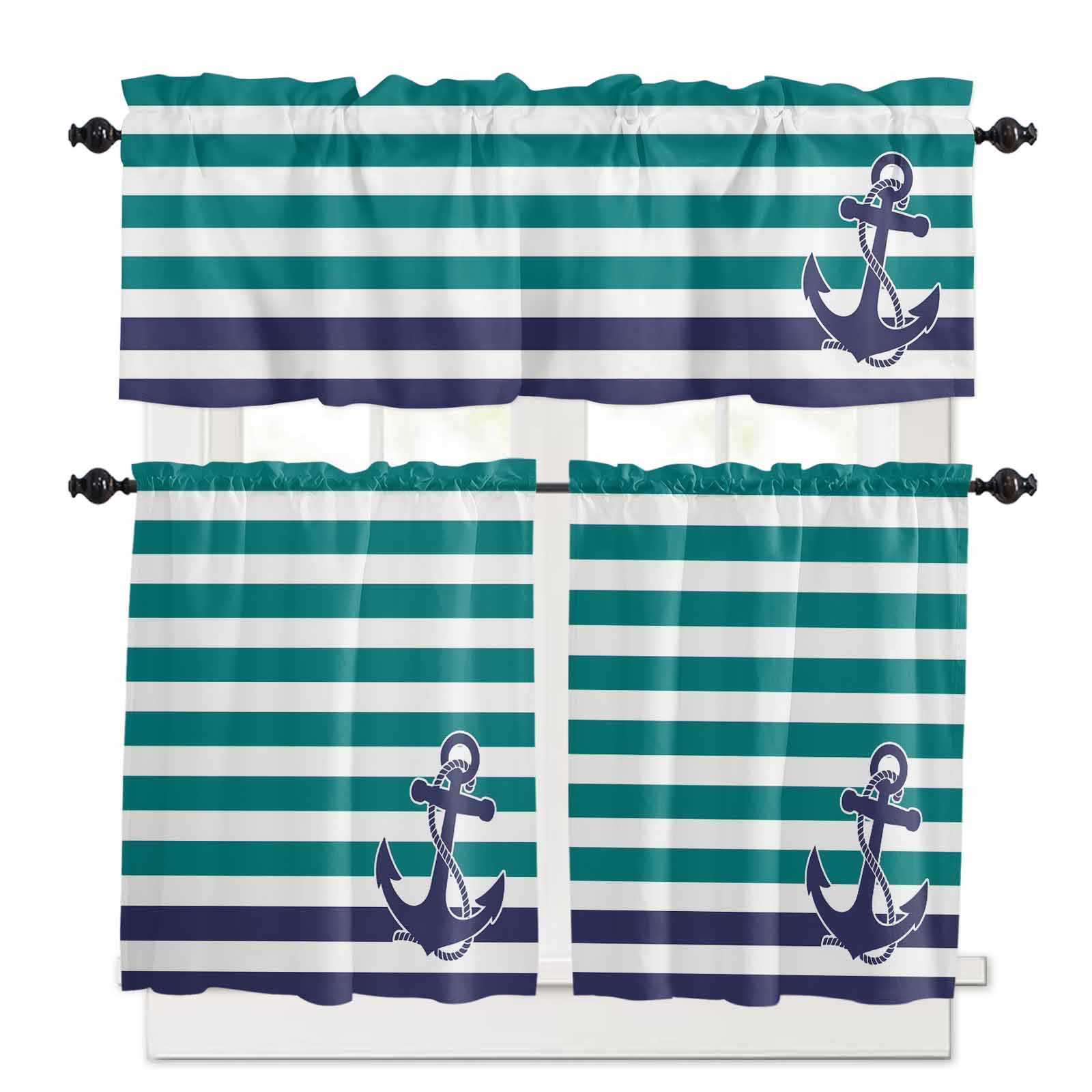 Anchor Teal Kitchen Curtains Set for Windows 3 Pieces,24 Inch Length ...