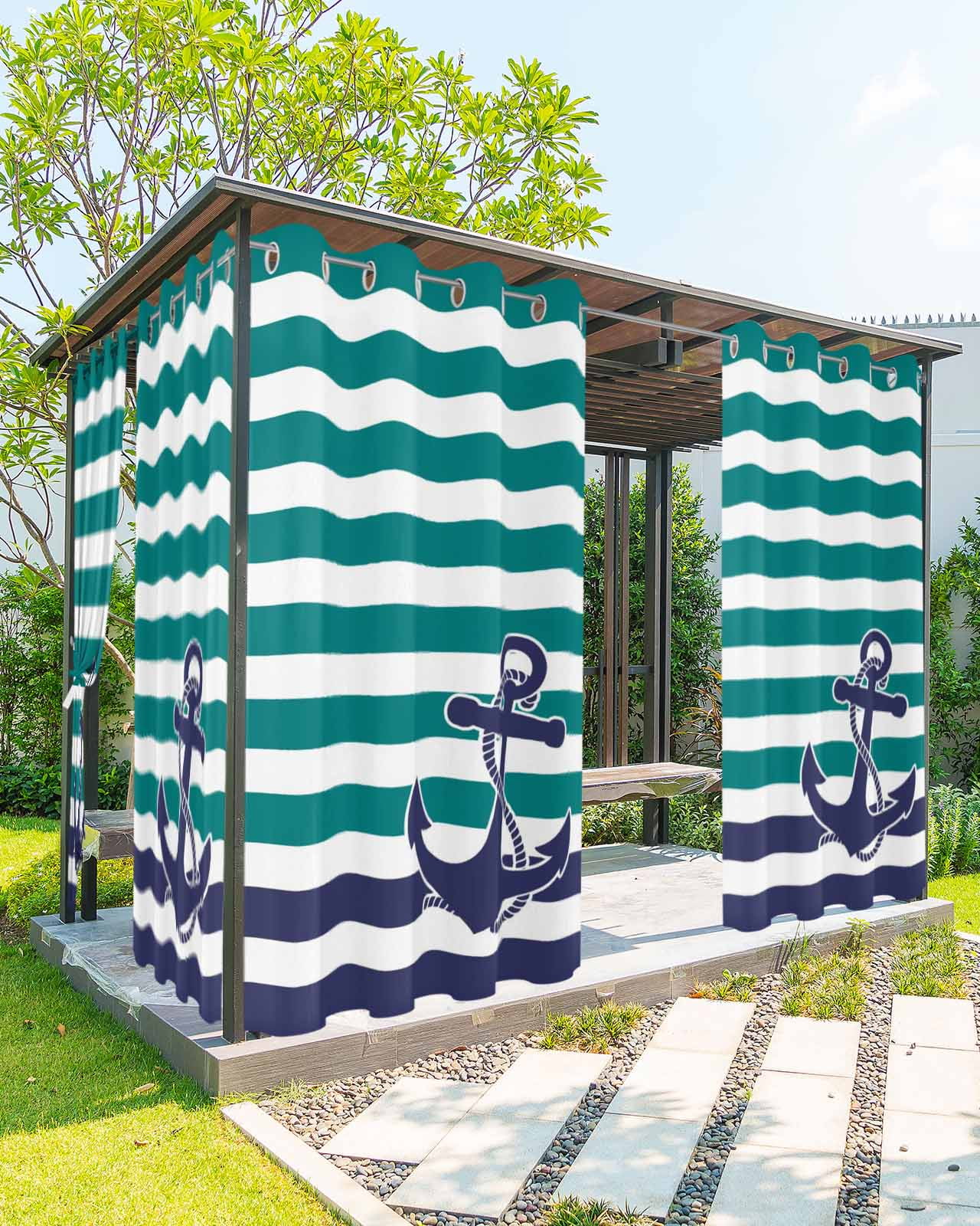 Anchor Teal Outdoor Curtains for Patio, Modern Navy Blue White Striped ...
