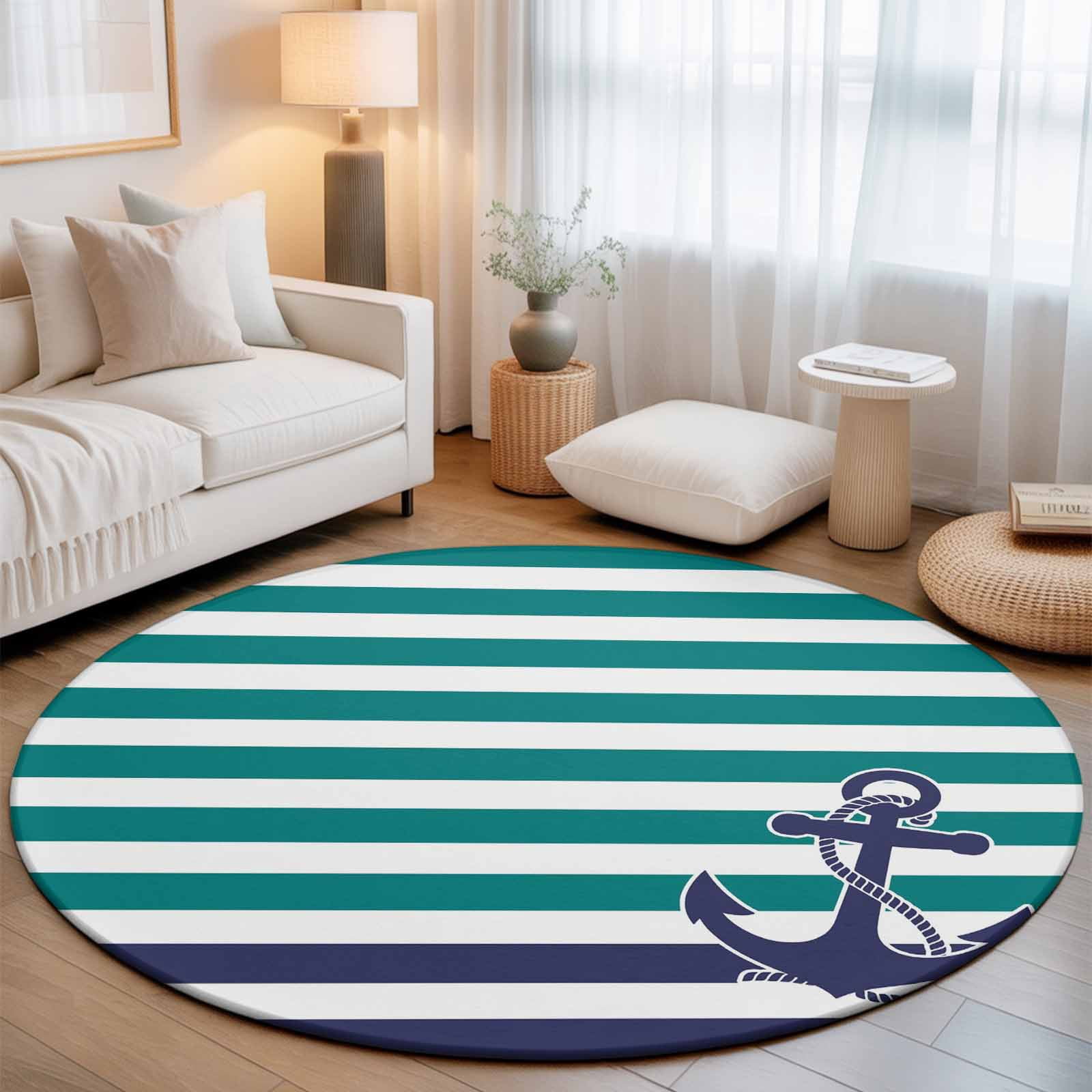 Anchor Teal White Stripe Country Round Rug 5ft Nautical Modern Stripes ...